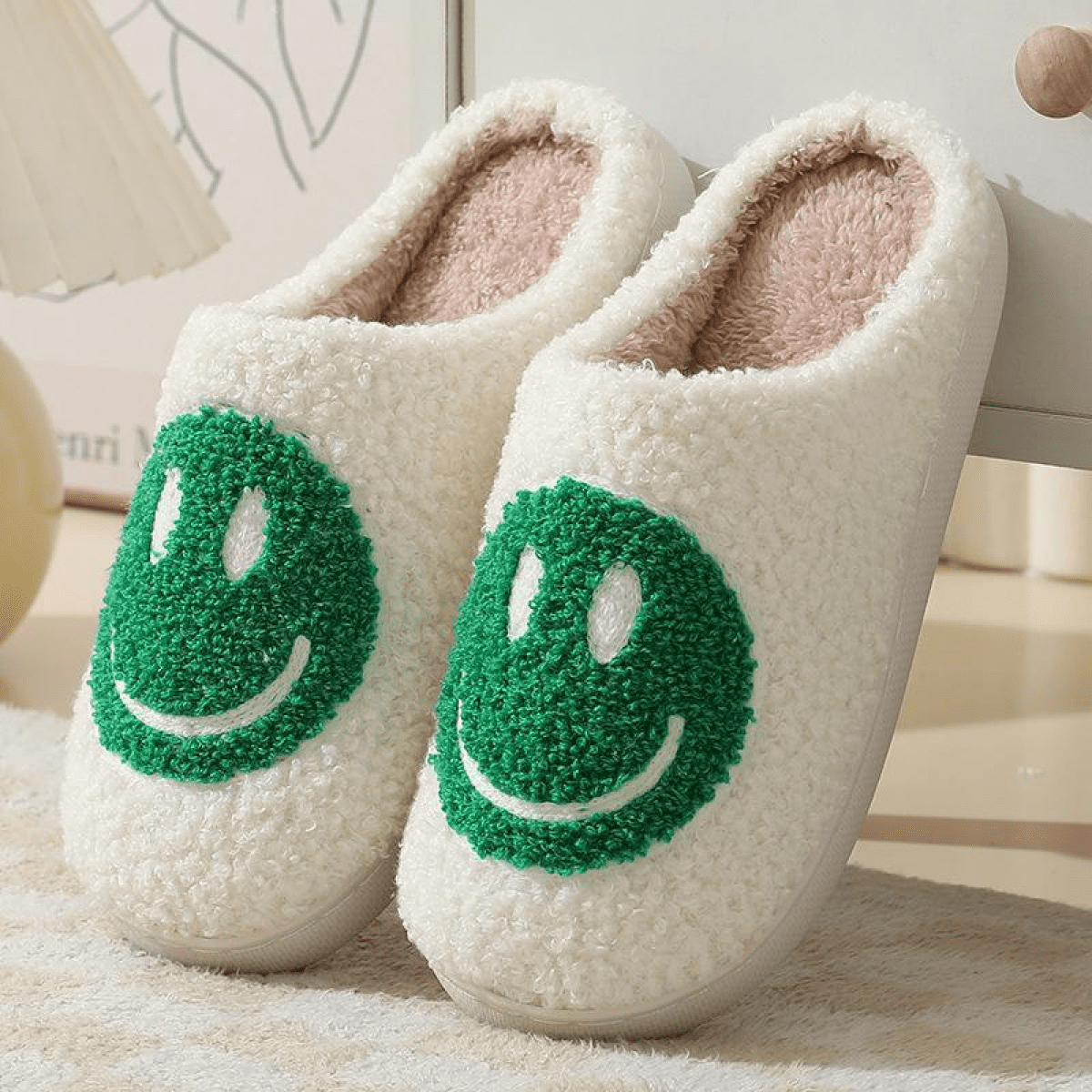 Smiley Face Slippers Retro Cozy Comfy Plush Warm Slip-on Slippers ...