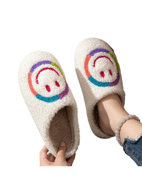PacificPlex Womens Smiley Preppy Smile Slippers Retro Plush (7-7.5 ...