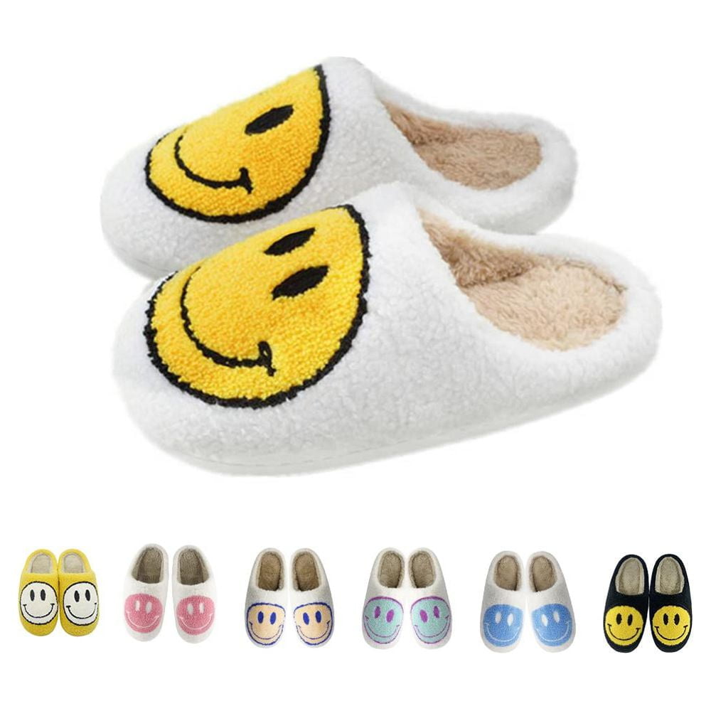 Smiley Face Slippers for Women Men, Soft Plush, Anti-Slip, Comfy Indoor ...