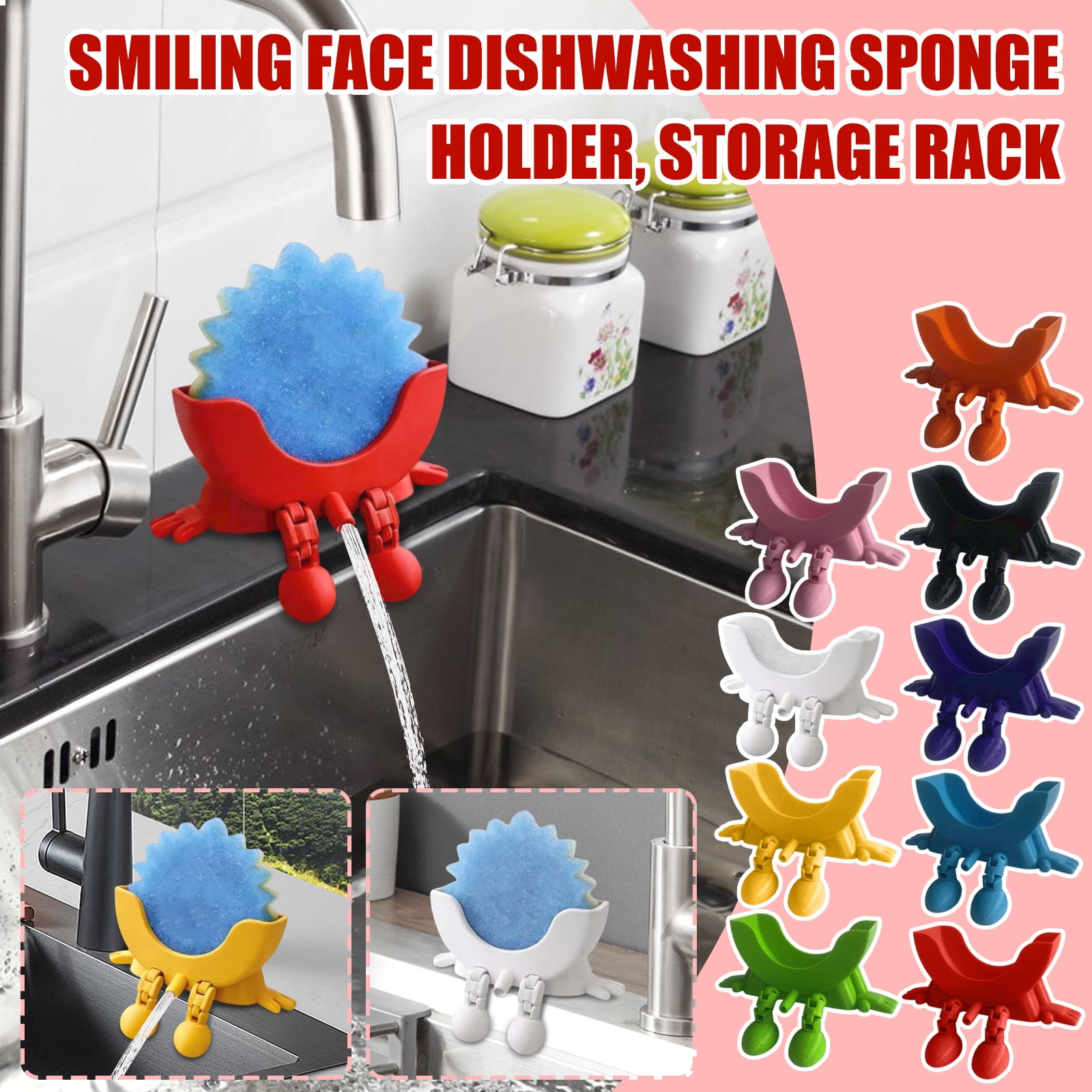 Smiley Face Sponge Holder with Drying Rack, 2-in-1 Kitchen Sponge Caddy ...