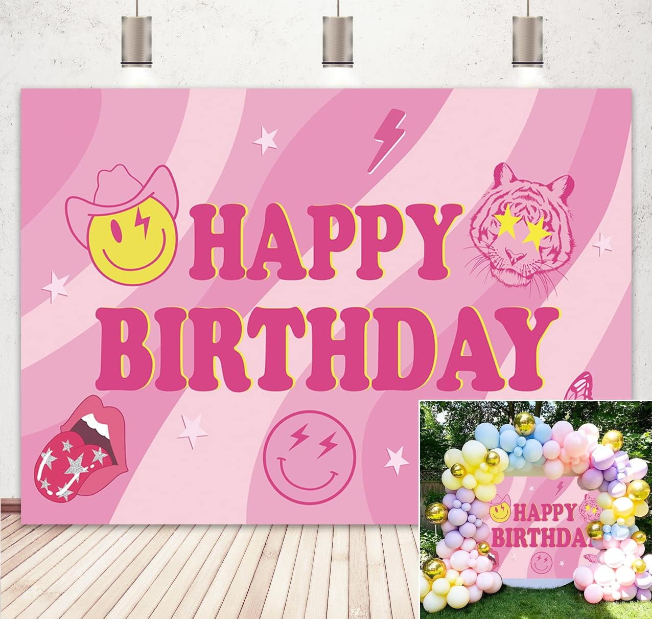 Smiley Face birthday backdrop girl Pink Happy Birthday Photo Banner Lip ...