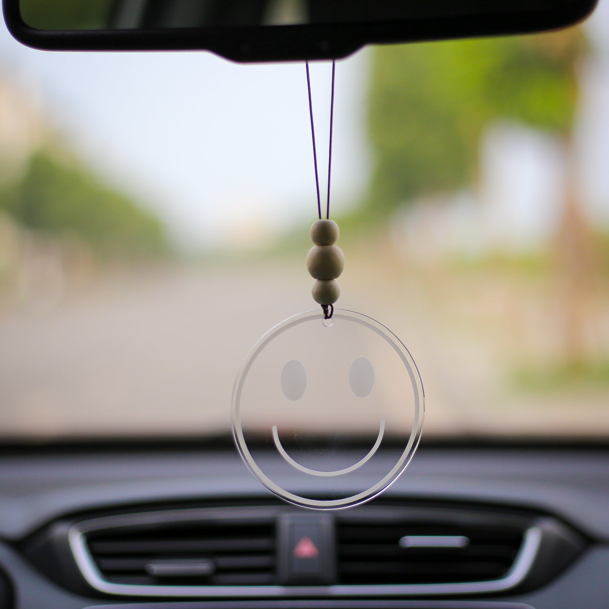 Smiley Happy Face Car Ornament – 2D Flat Gift with Wood Beads, Rearview ...