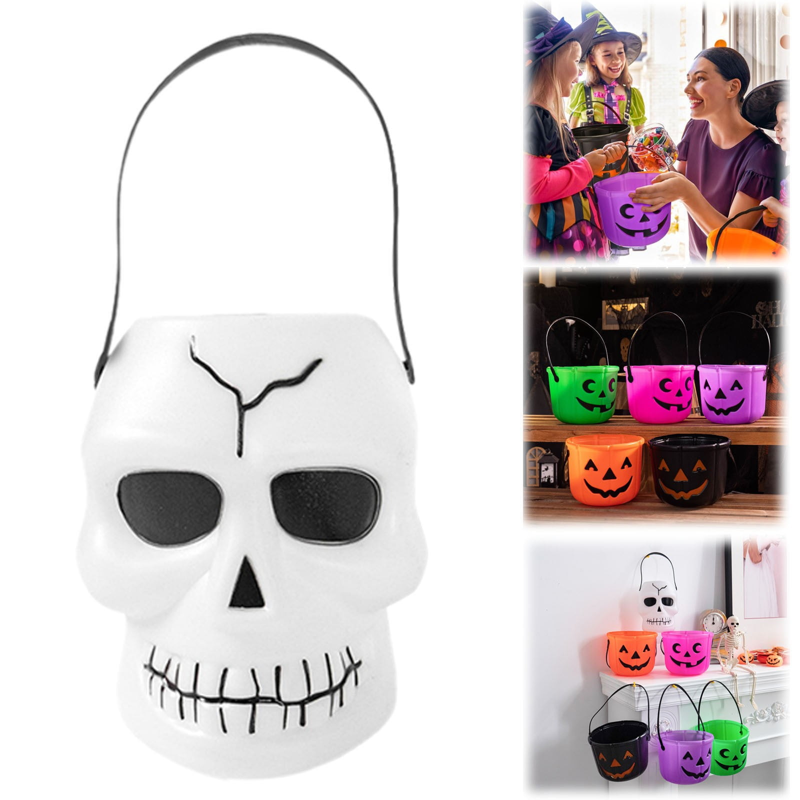 Smiley Pumpkin Bucket White Skull Bucket,A Pumpkin Bucket,6" Halloween ...