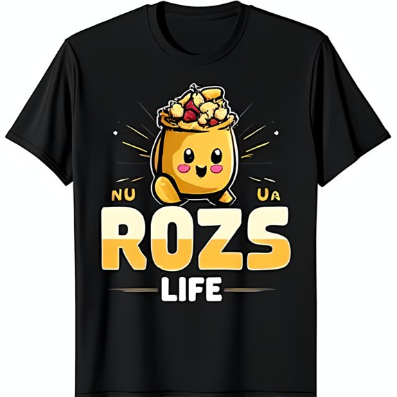 Smiling Cartoon Character with Fruit Bag Graphic Fun Black T-Shirt for ...