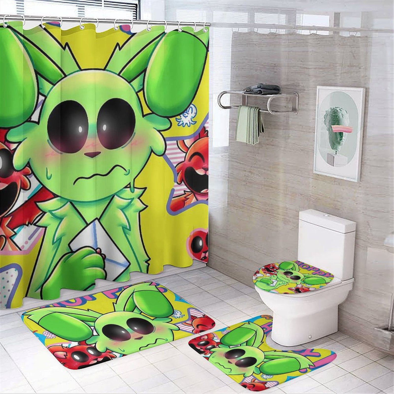 Smiling Critters Hoppy Cartoon Shower Curtain Set With Non Slip Rug