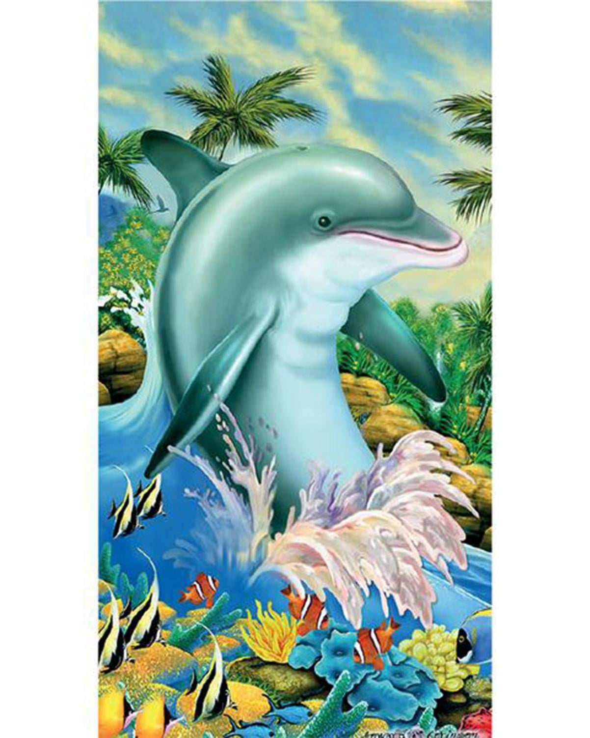 Smiling Dolphin Splashing on Wave 30x60 Cotton Velour Beach Towel ...