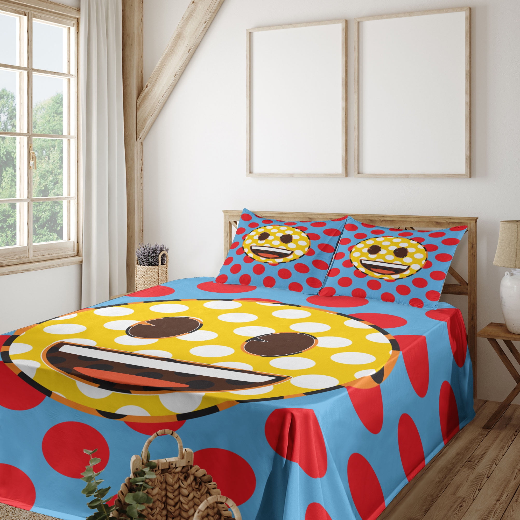 Smiling Emoji Sheet Set, Modern and Classic Yellow Face with Polka Dots ...