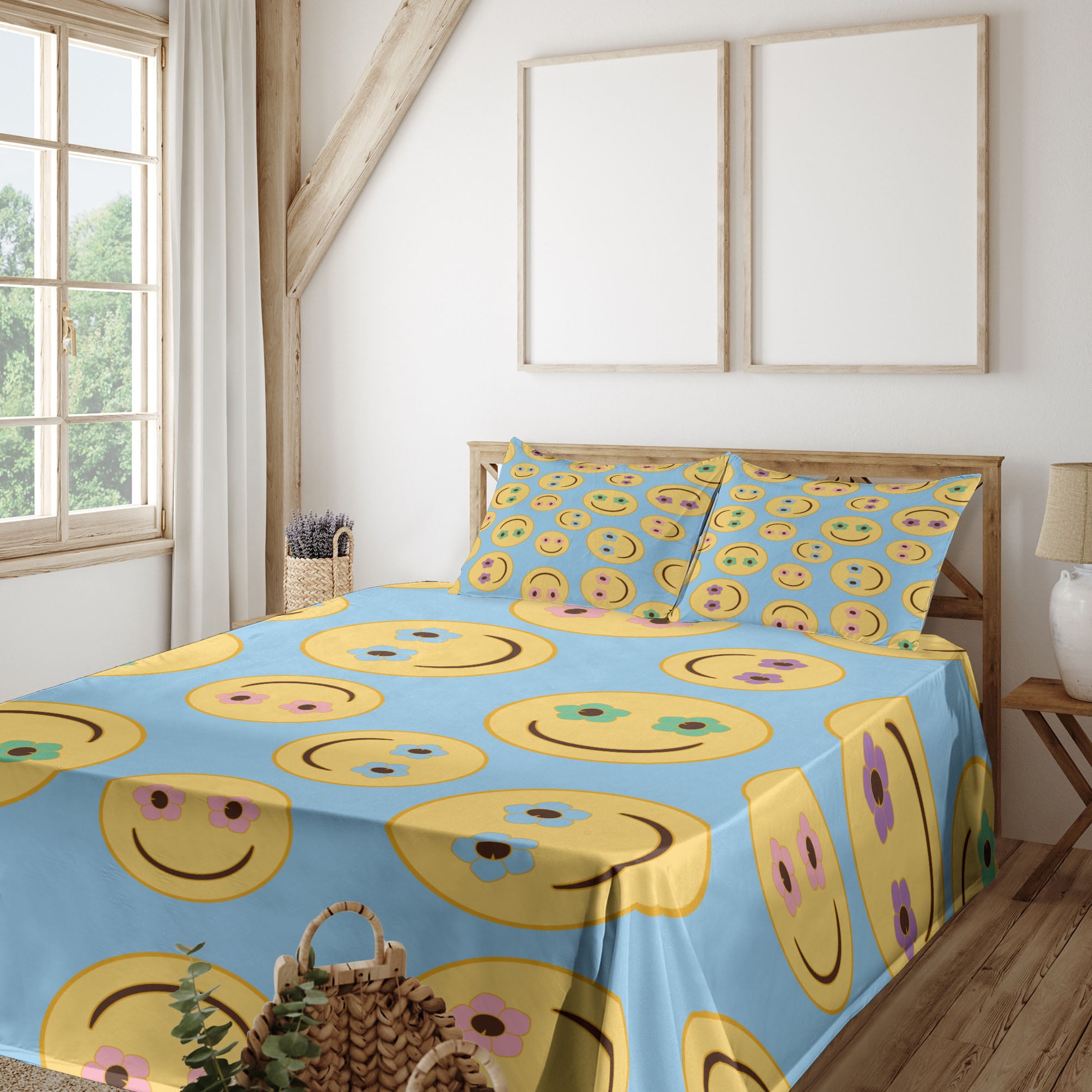 Smiling Emoji Sheet Set, Pastel Floral Eyes on Classic Yellow Faces ...