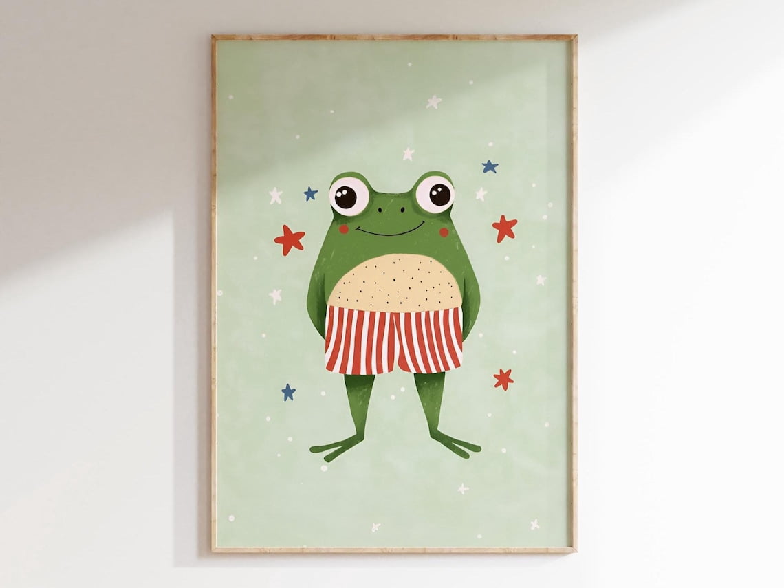 Smiling Frog In Swim Shorts Wall Art Green Frog Nursery Poster Kids ...