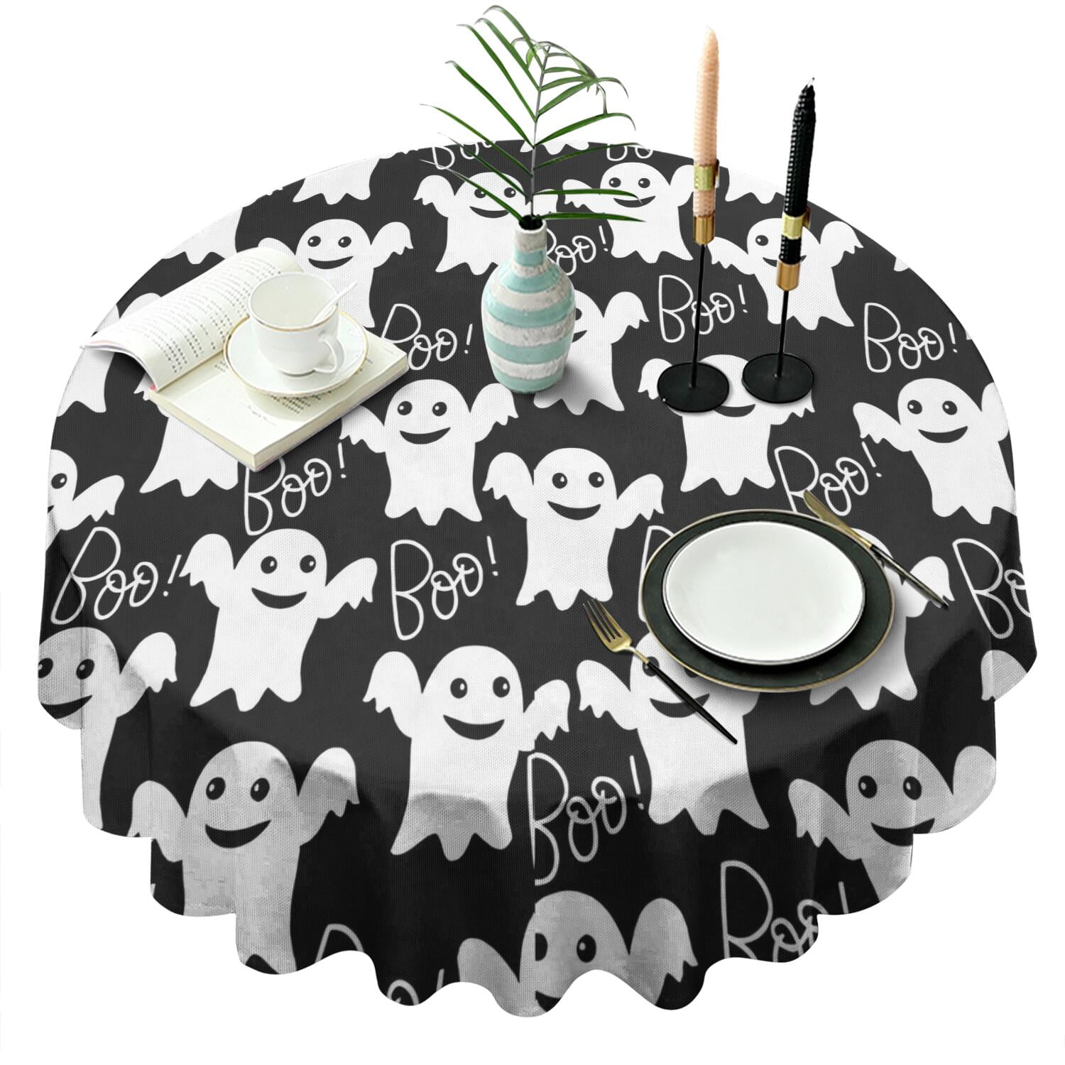Black Halloween Ghosts with Boo Round Tablecloth 60"x60",Wrinkle ...