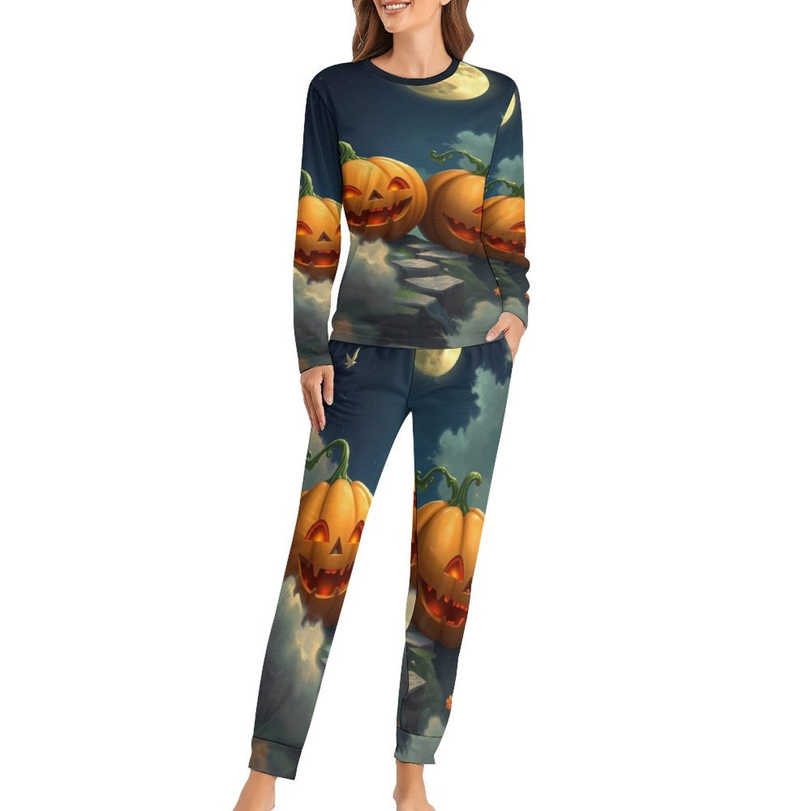 Smiling Pumpkins Moonlit Sky Scene Pajamas Woman Two Piece Design Long ...