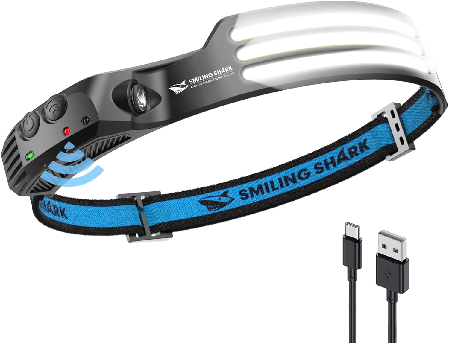 Smiling Shark LED Headlamp, 230°Wide Angle 3*White Light Strips The ...