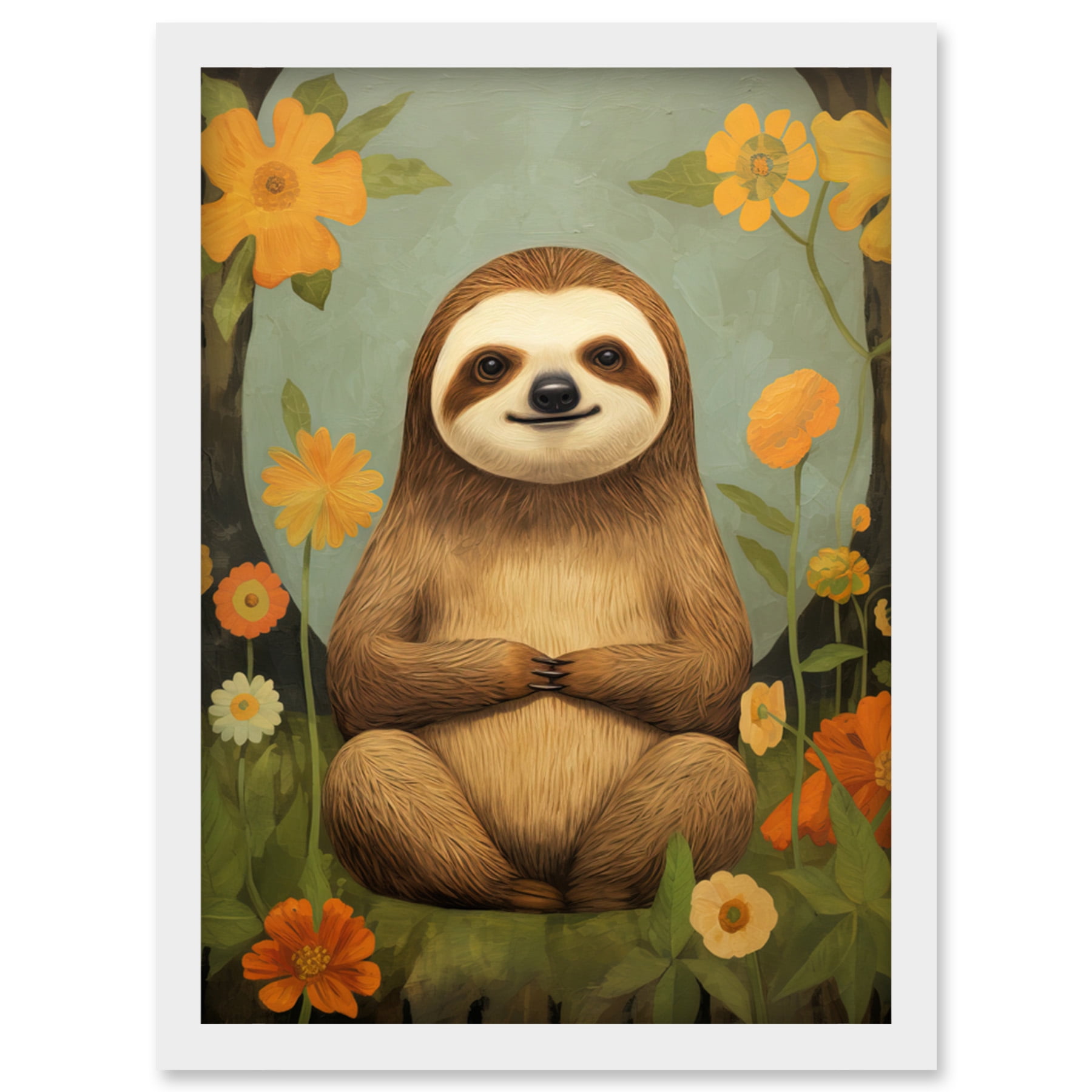 Smiling Sloth Meditating in Forest Flowers Kids Bedroom Artwork Framed ...