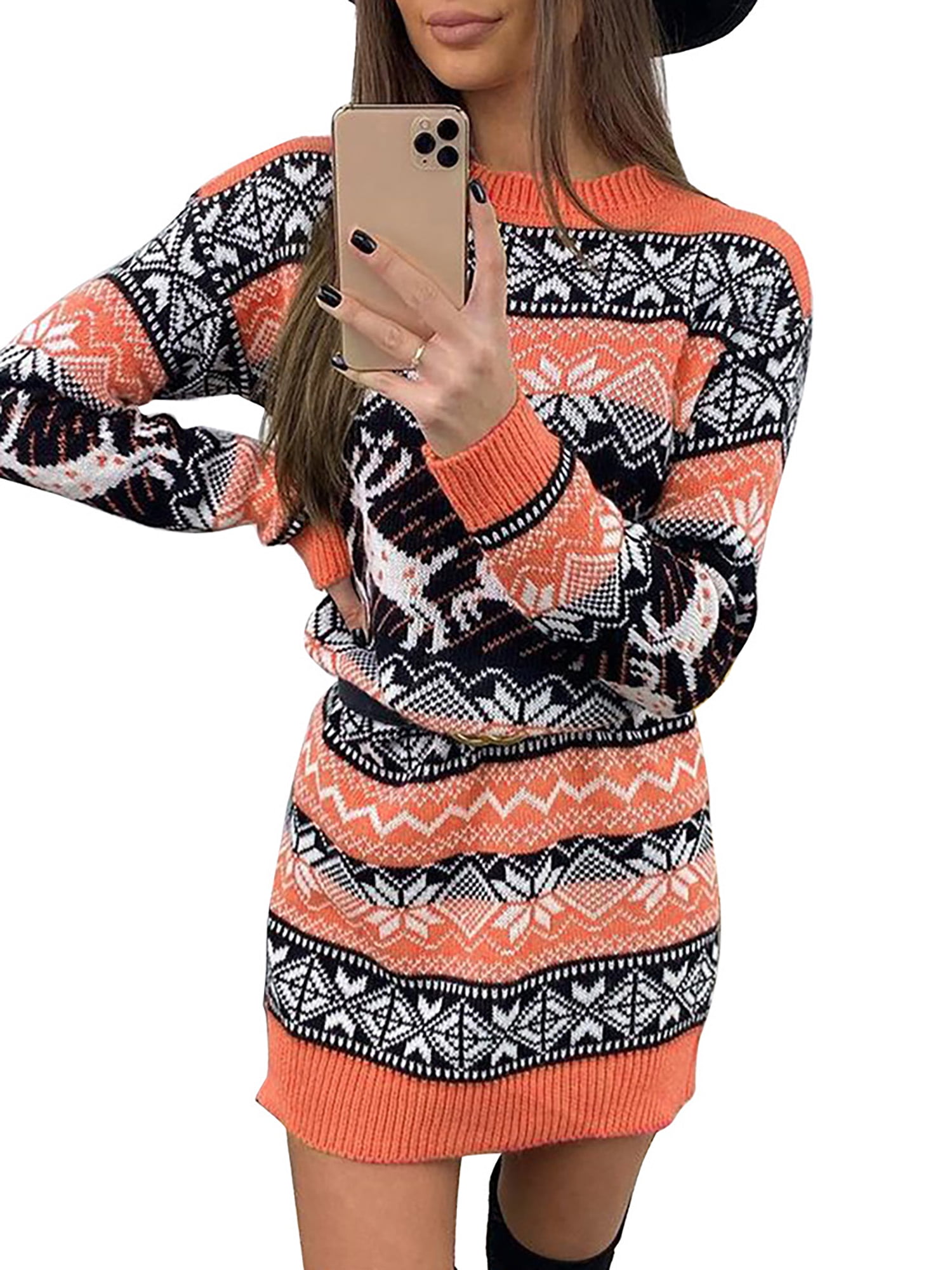 Smilkoo Christmas Printing Long Sleeve Slim Bodycon Sweater Kint Dress ...
