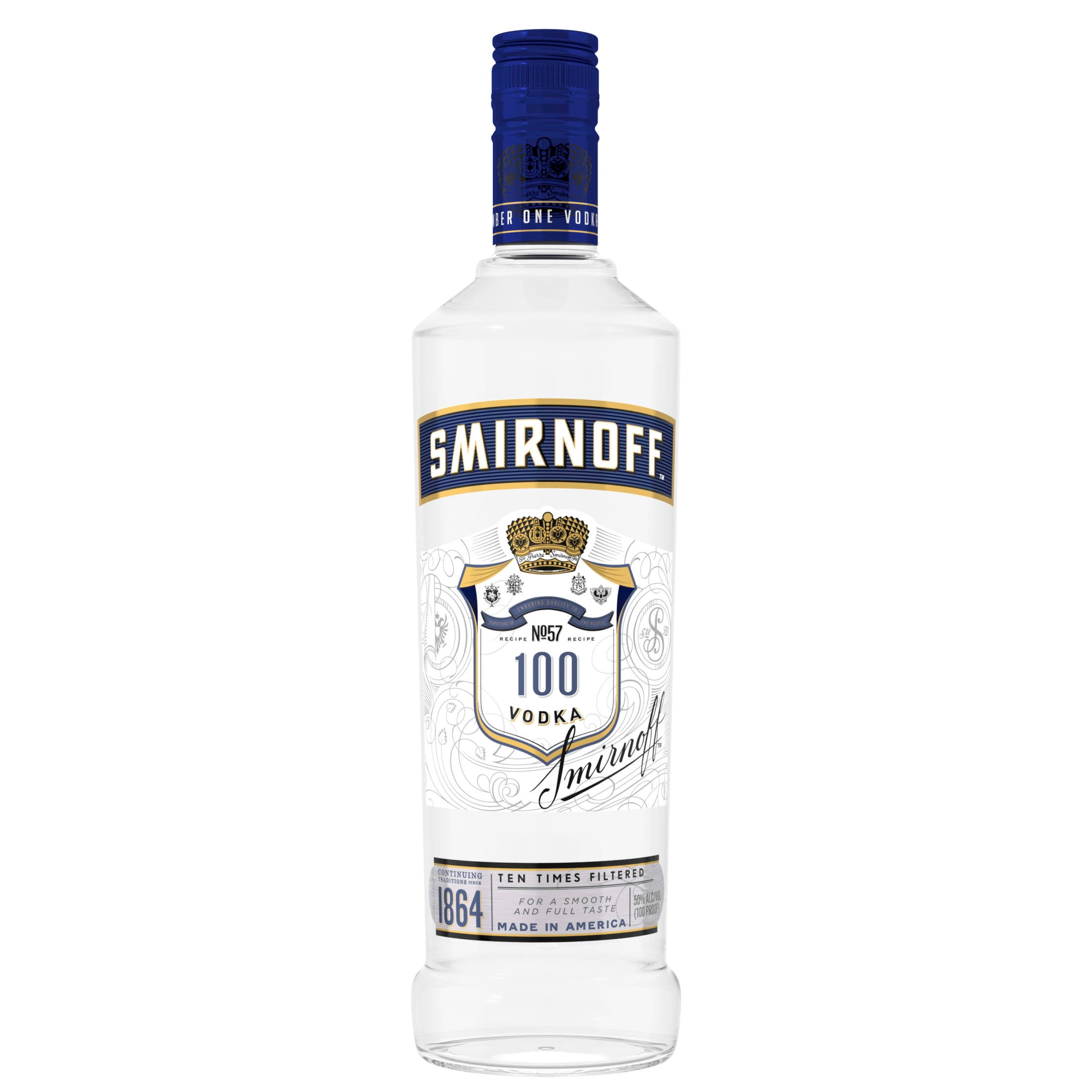 Smirnoff 100 Proof Vodka, 750 mL, 50% ABV, triple distilled, filtered ...