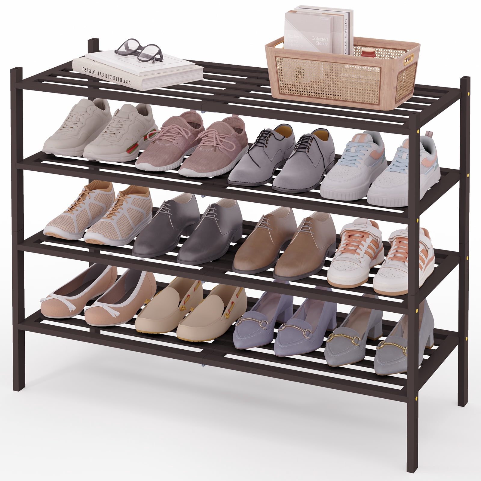 Smiry 4-Tier Shoe Rack , Stackable Bamboo Shoe Rack Organizer, Shoe ...