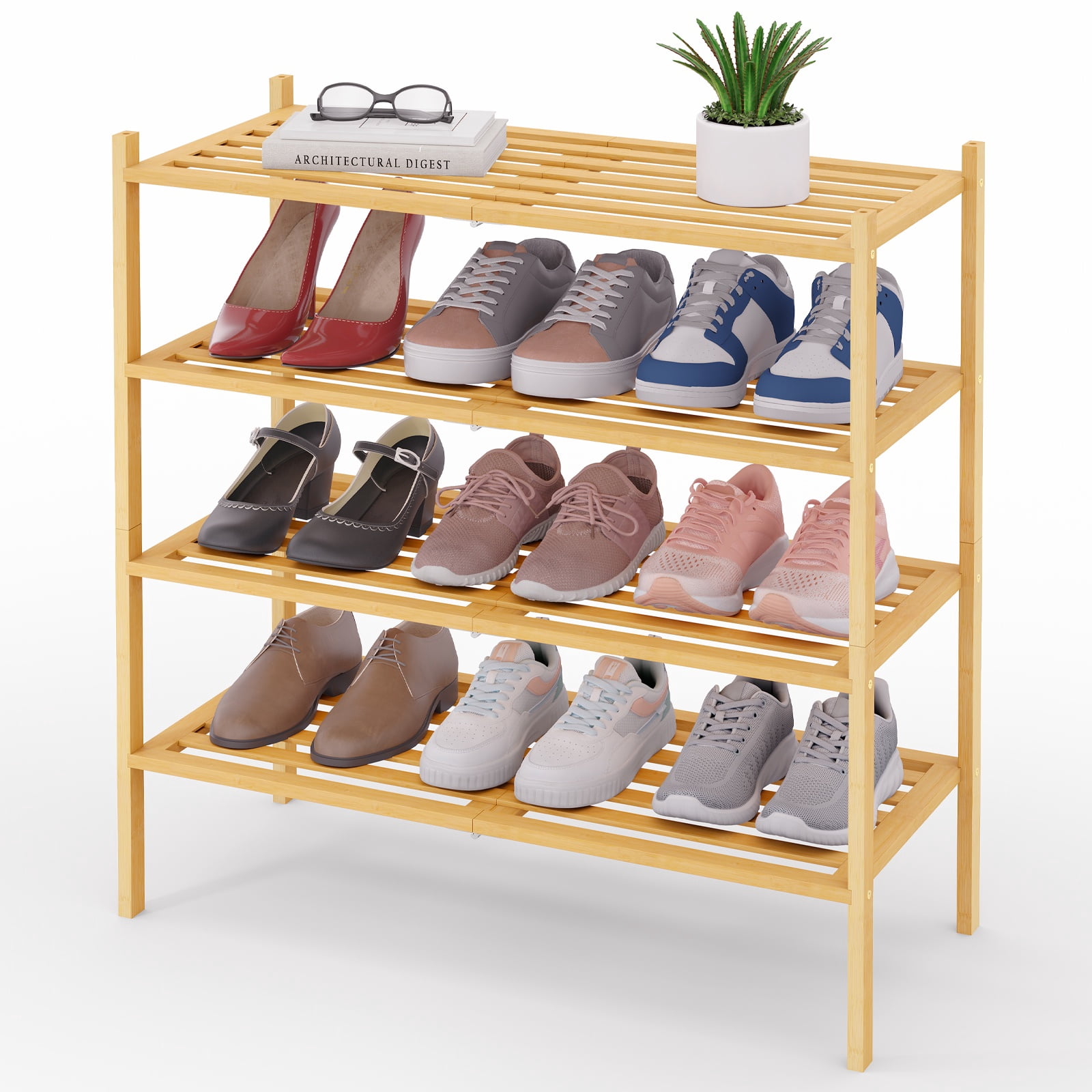 Smiry 4-Tier Shoe Rack , Stackable Bamboo Shoe Rack Organizer, Shoe ...