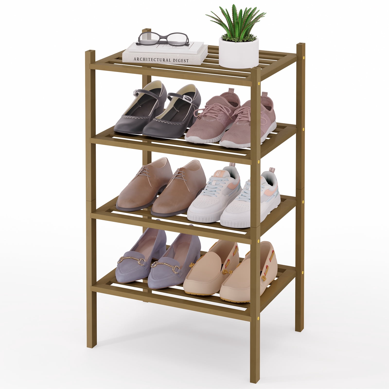Smiry 4-Tier Shoe Rack , Stackable Bamboo Shoe Rack Organizer, Shoe ...
