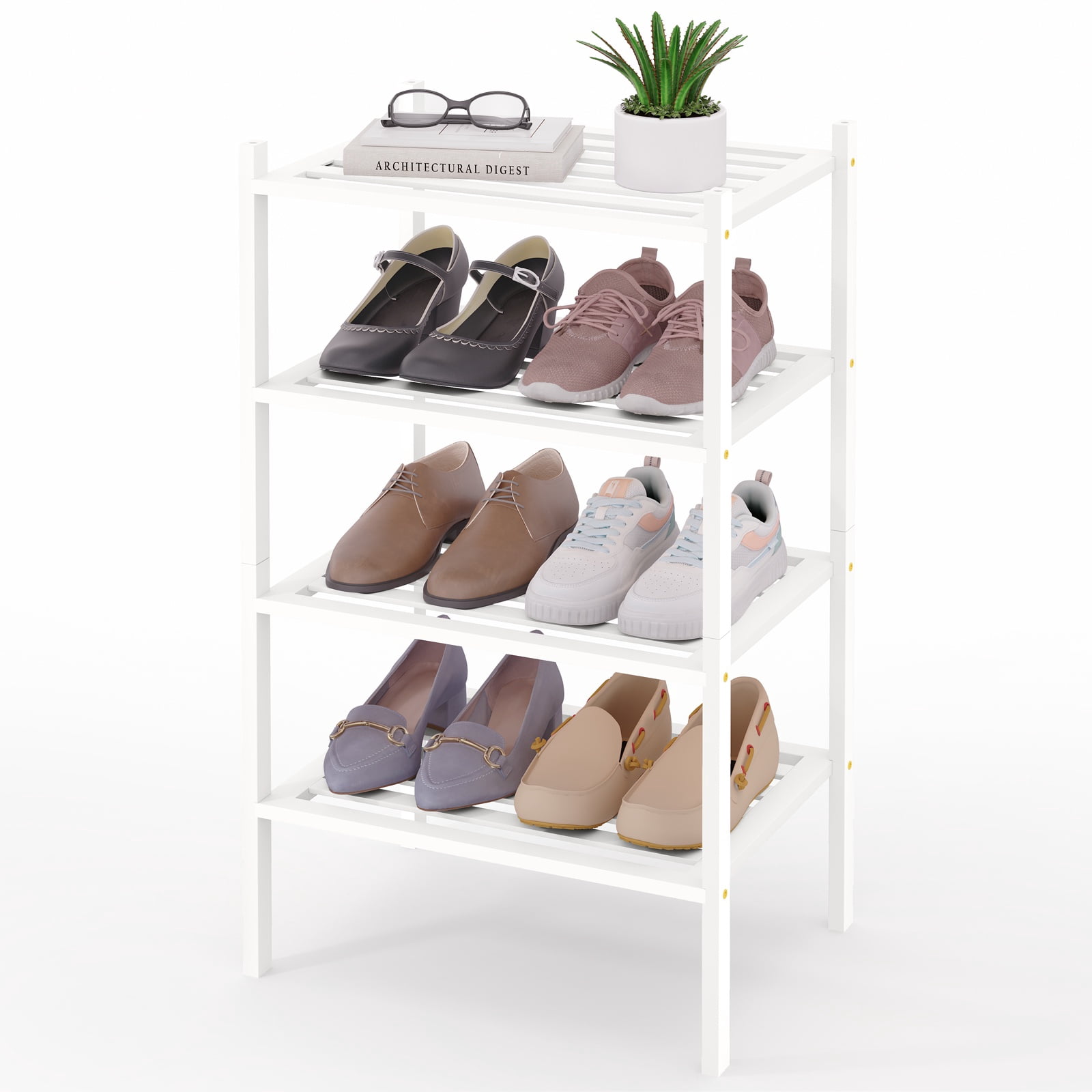 Smiry 4-Tier Shoe Rack , Stackable Bamboo Shoe Rack Organizer, Shoe ...