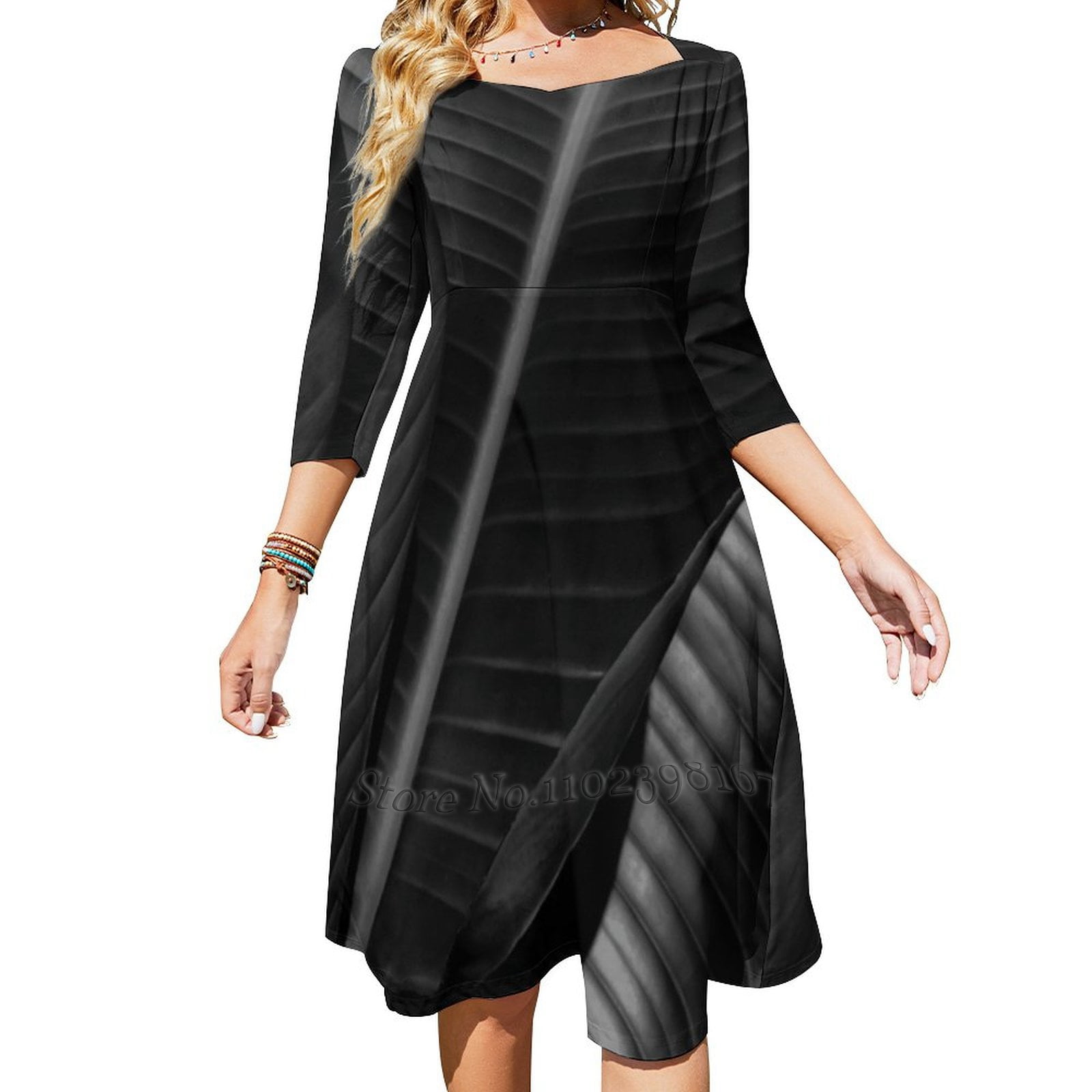 Smitten Gold-Bw Banana Leaf Flare Dress Square Neck Dress Elegant ...