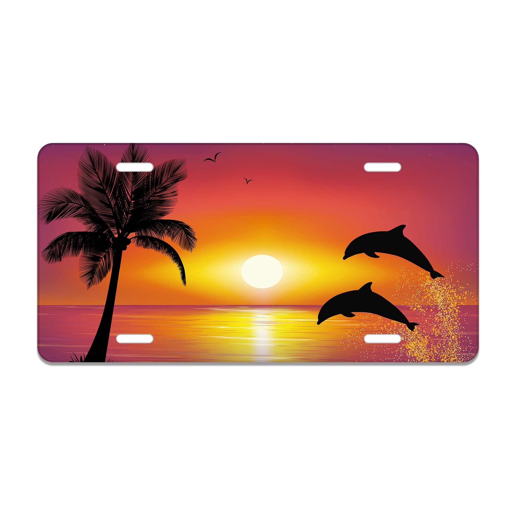 Smoaffly Dolphins Sunset Decorative Car Front, Tropical Palm Tree Metal ...