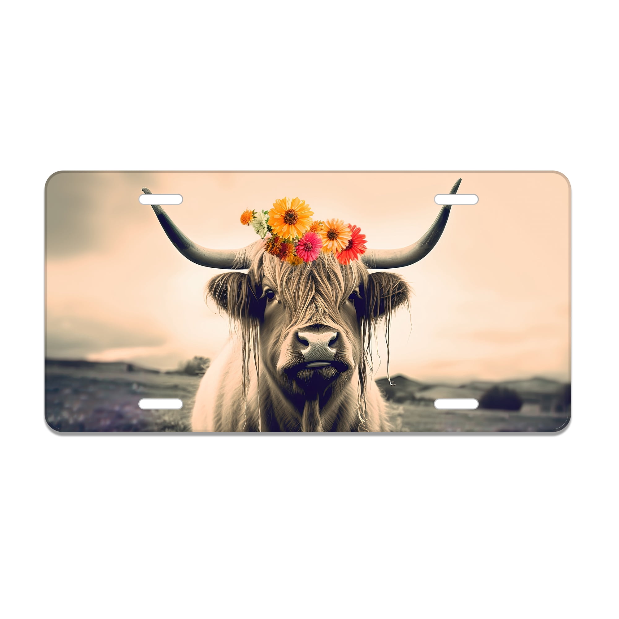 Smoaffly Highland Cow with Flowers License Plate Decorative Car Front ...