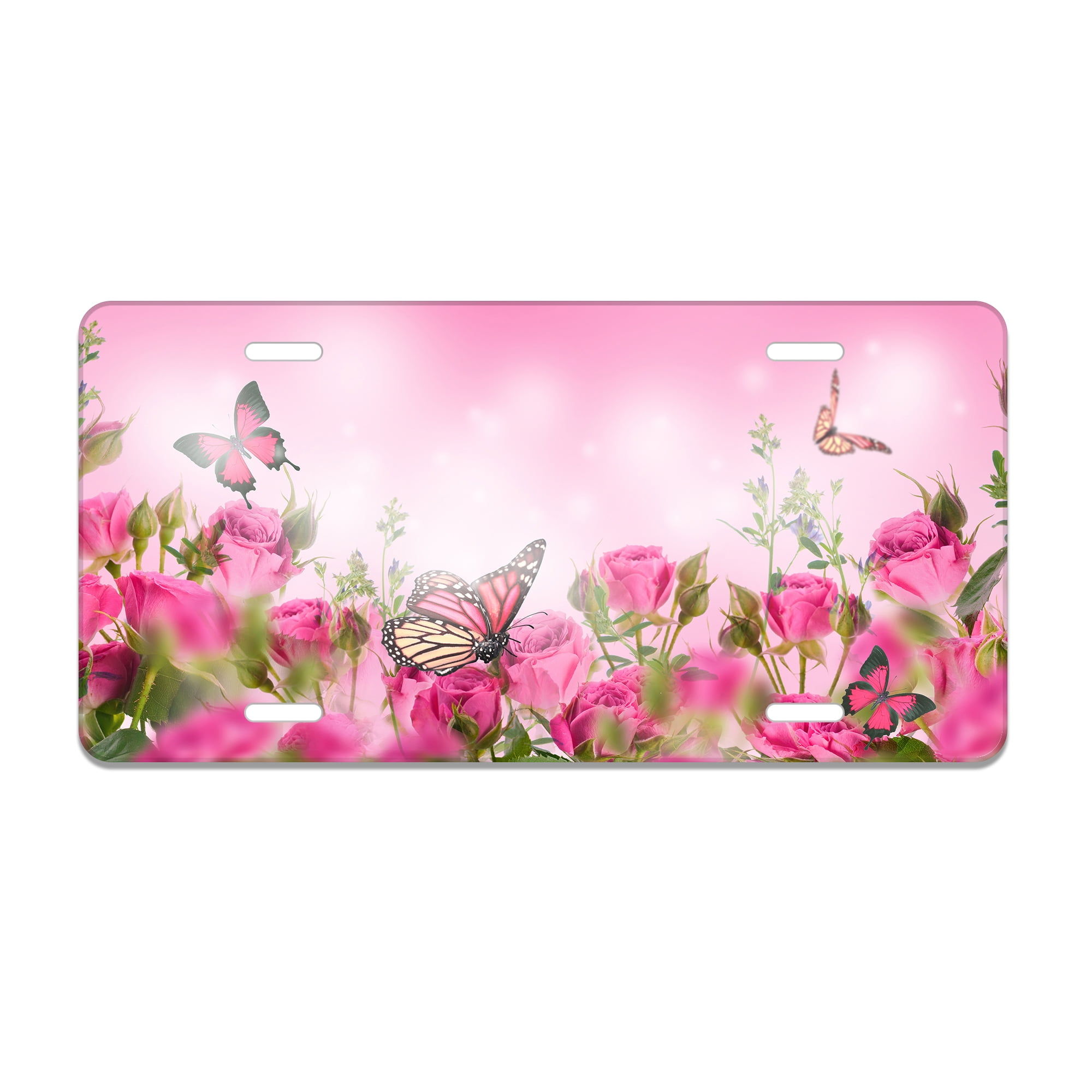 Smoaffly Spring Pink Rose Floral Butterfly License Plate Decorative Car ...