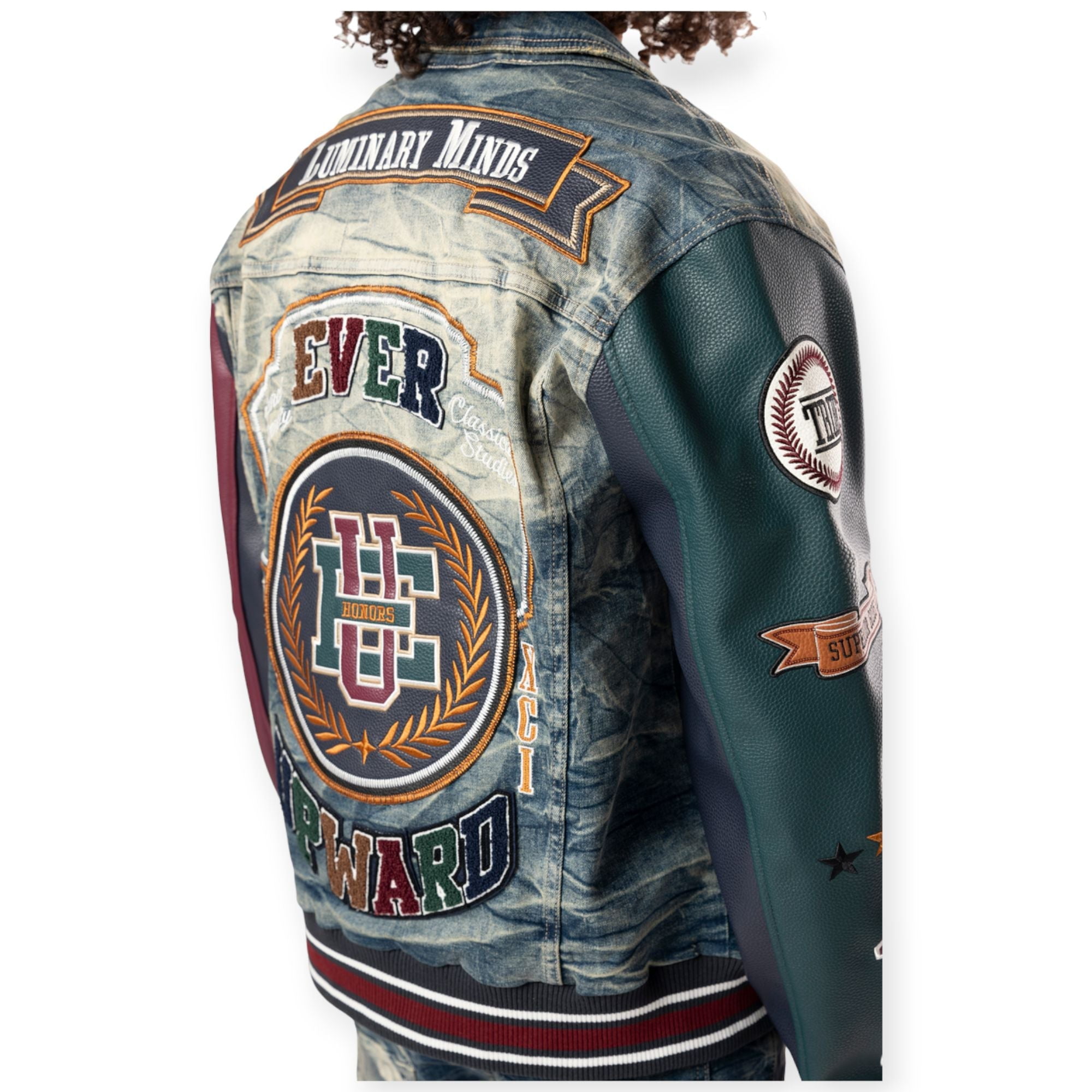 Smoke Rise Men Varsity PU Sleeve Denim Jacket (Alley Blue) - Walmart.com