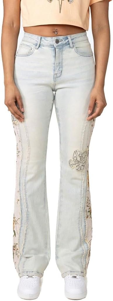 Smoke Rise Women's High Rise Side Tapestry Stacked Jeans-BLUE-L ...