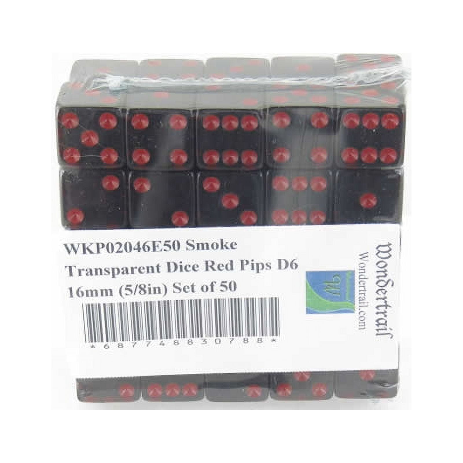 Smoke Transparent Dice with Red Pips Square Corners D6 16mm (5/8in) Set of 50 Wondertrail ...