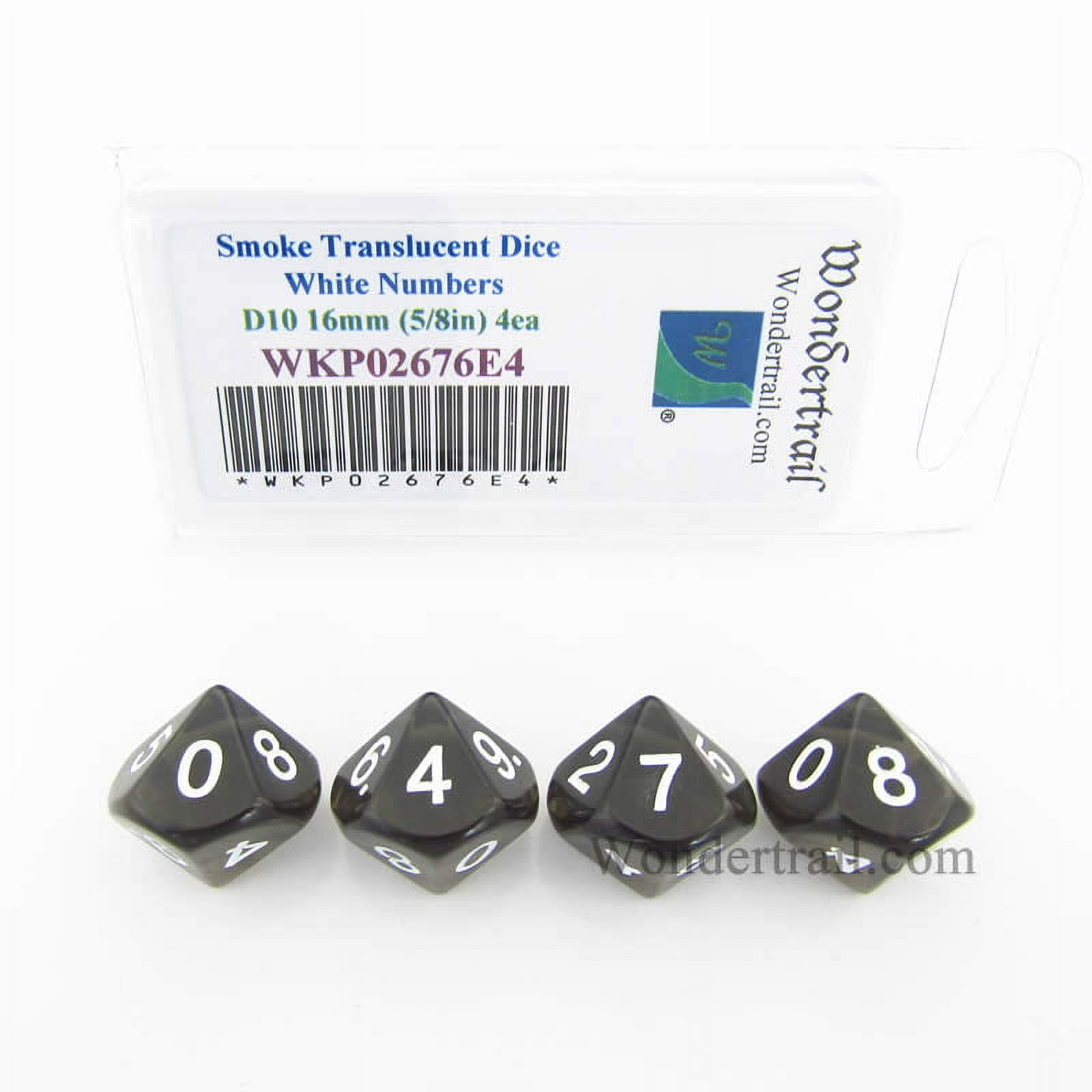 Smoke Transparent Dice with White Numbers D10 16mm (5/8in) Pack of 4 ...