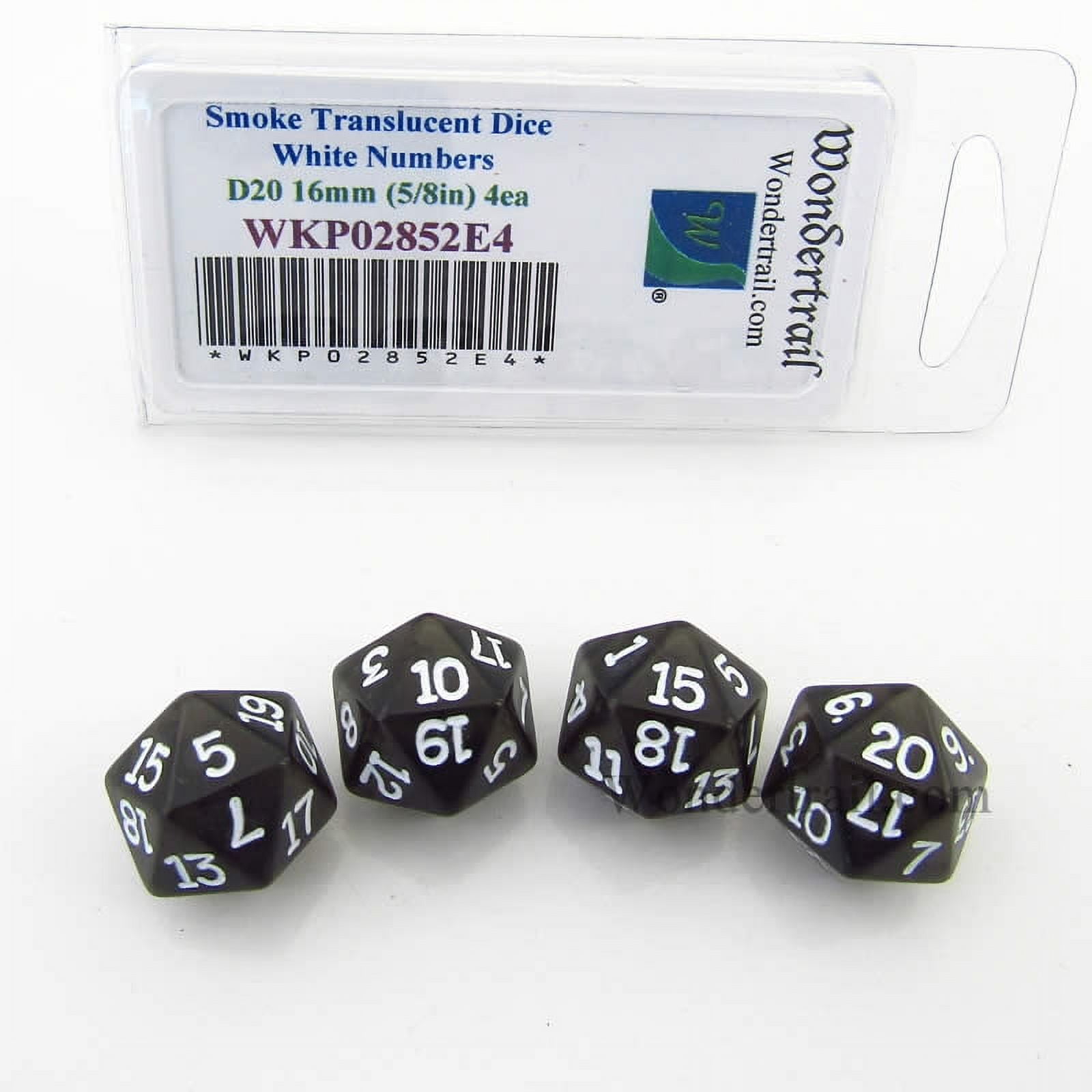 Smoke Transparent Dice with White Numbers D20 16mm (5/8in) Pack of 4 ...
