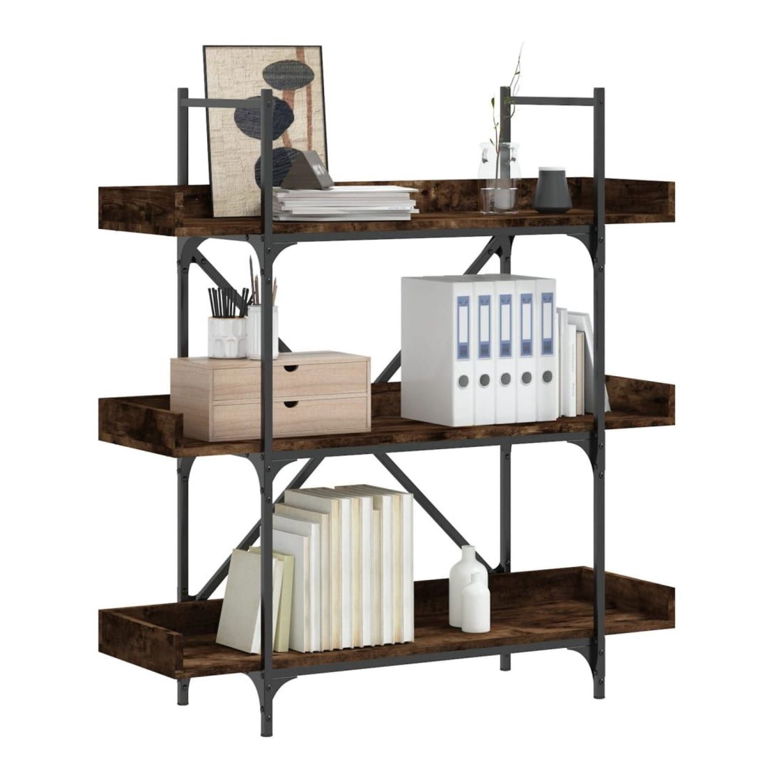 Smoked Oak Bookcase - 3 Tier Engineered Wood Shelf - Adjustable Height ...