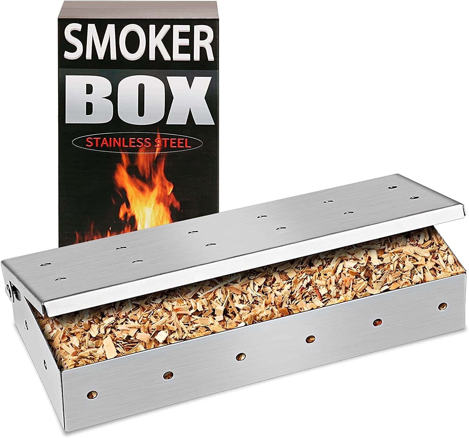 KJRIVER Smoker Box for Wood Chips, Stainless Steel, Hinged Lid, Gas or ...