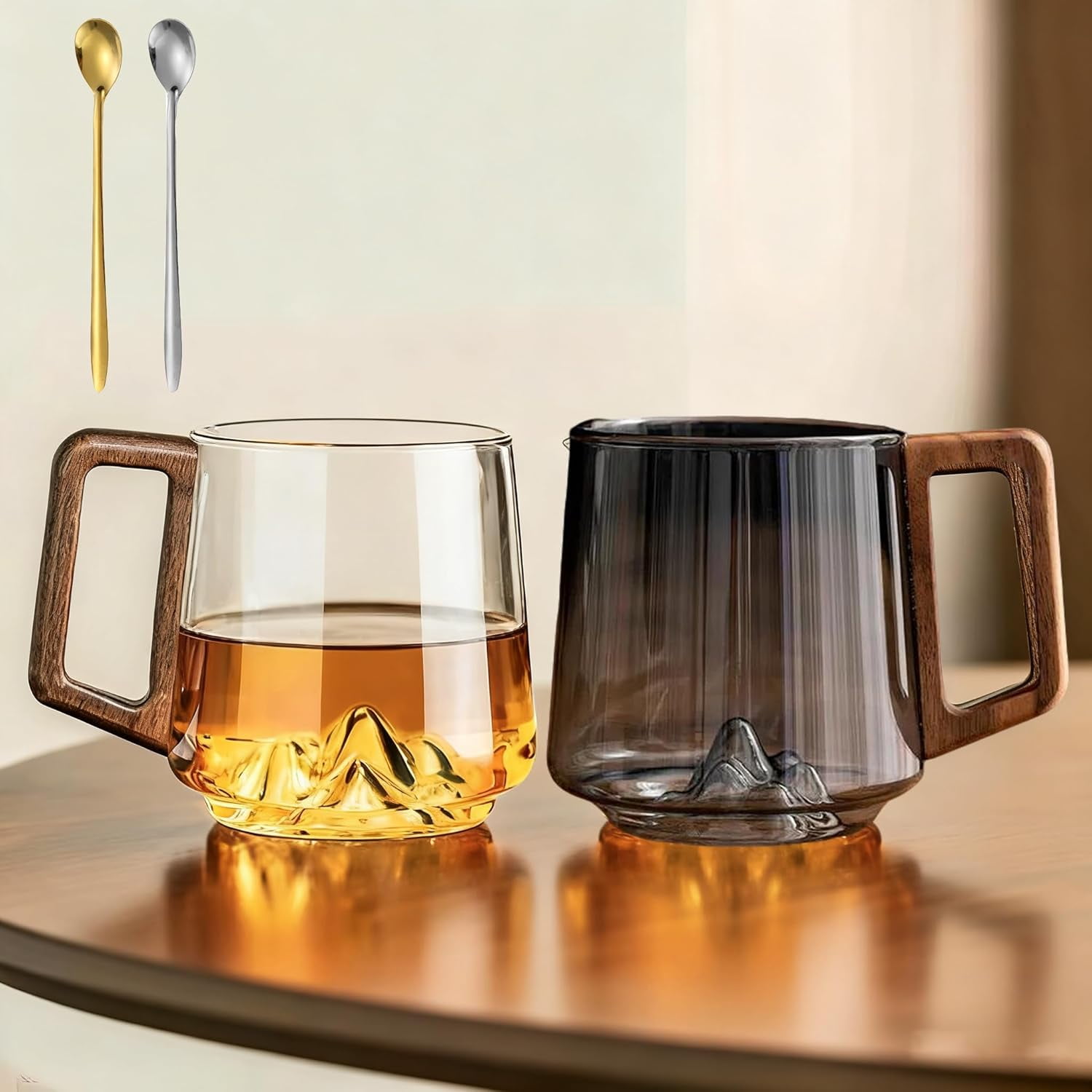 Smokey Gray Glass Slanted Coffee Cups With Wooden Handle, Creative ...