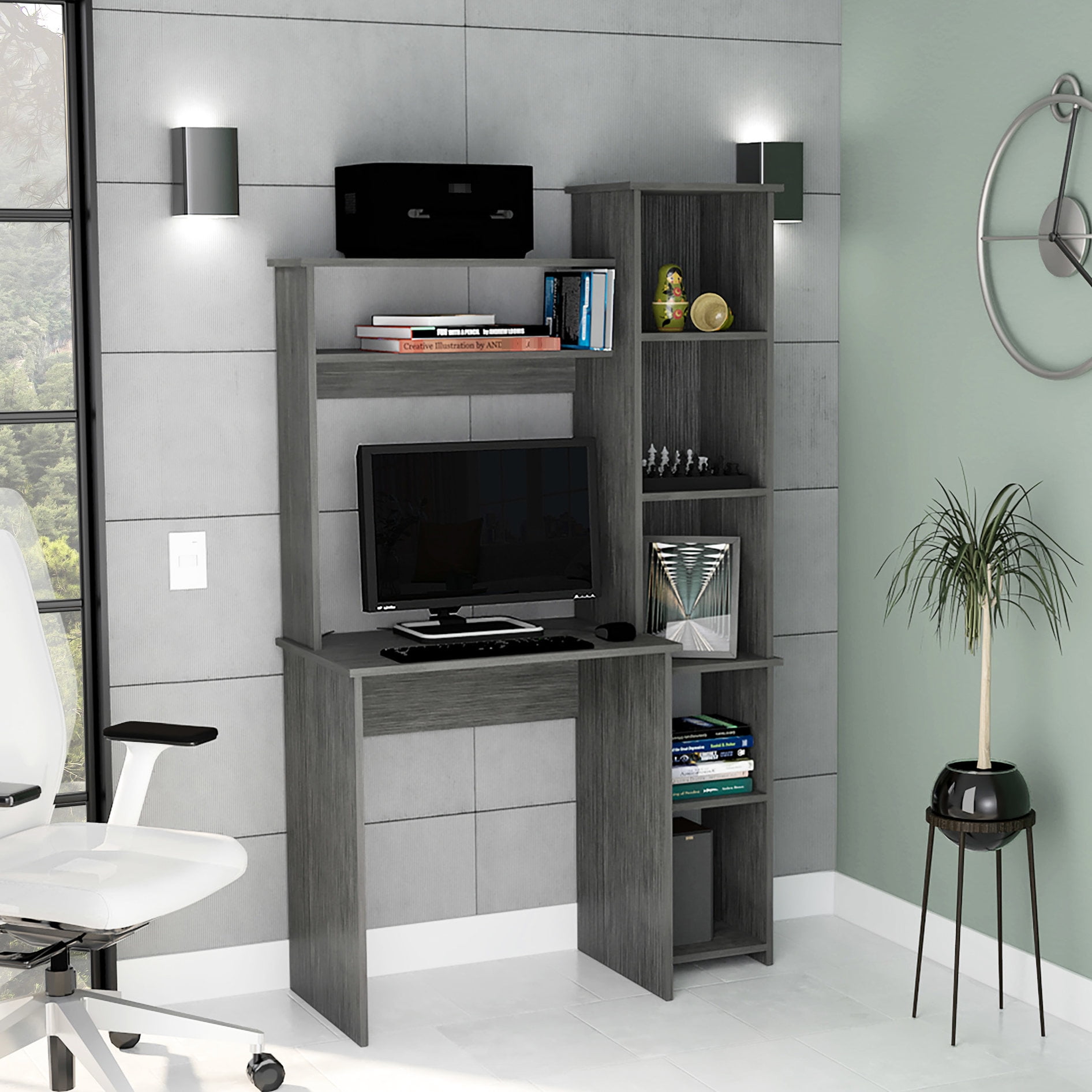 Smokey oak finish five - cubby desk with three semi - open and two open ...