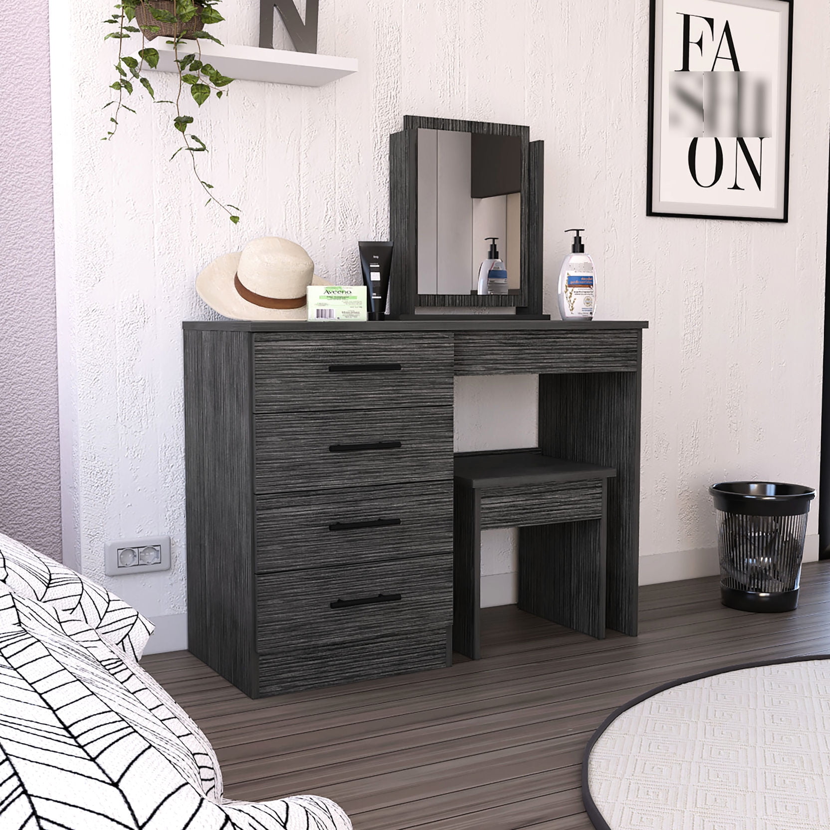 Smokey oak makeup dressing table with mirror and four - drawer ...