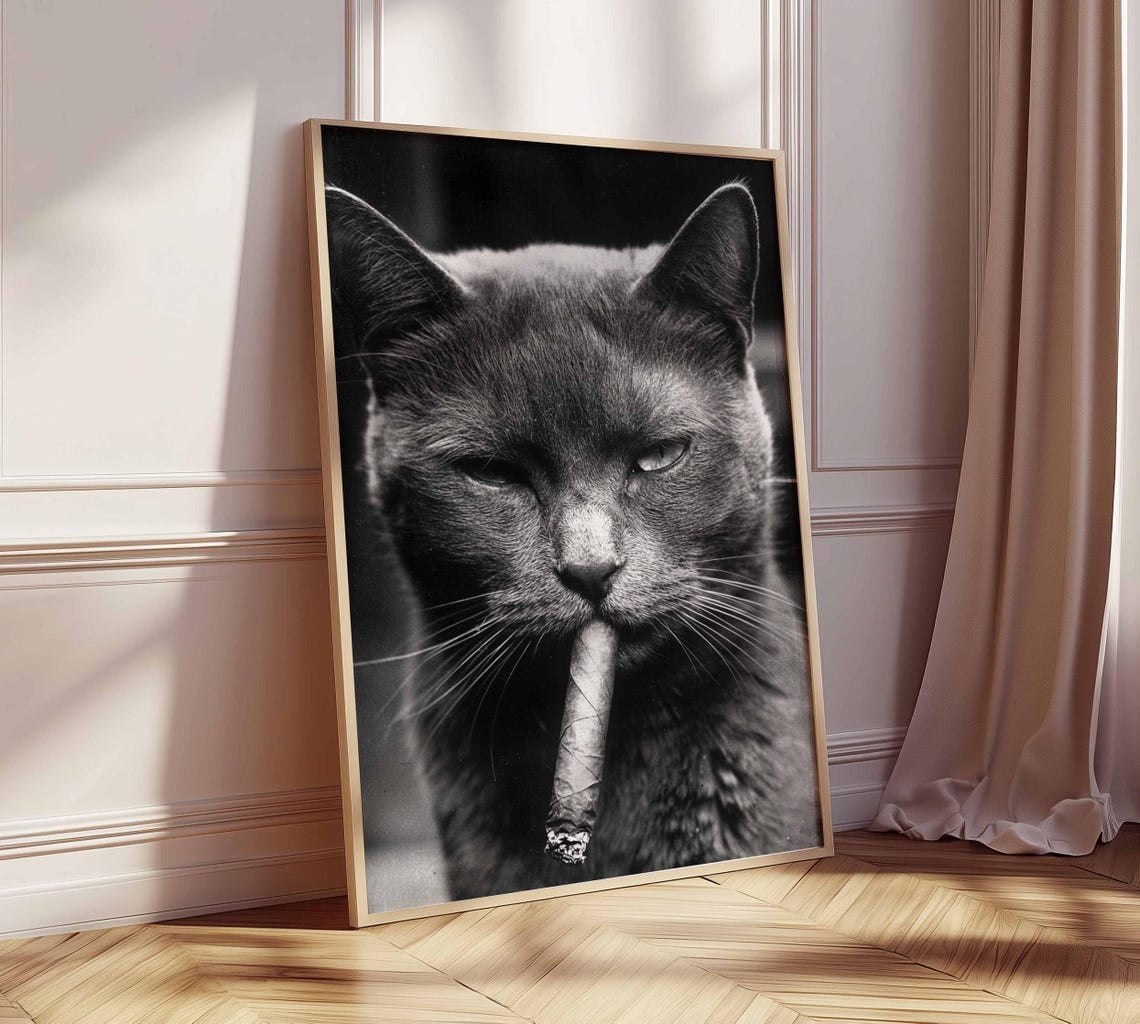 Smoking Cat Print, Black And White Cat Poster, Funny Cat Wall Art, Cool ...