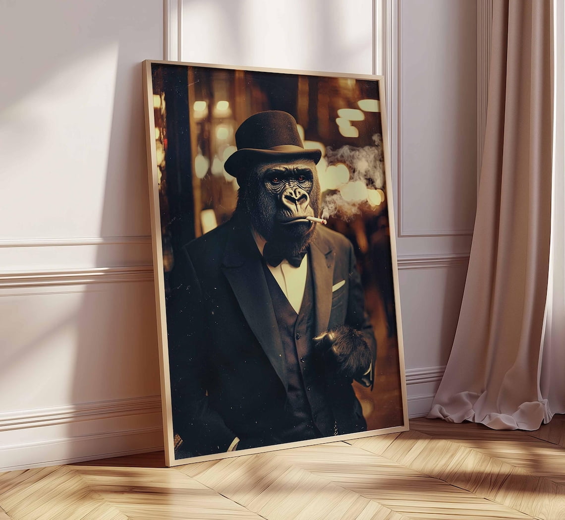 Smoking Gorilla Print, Dapper Ape Wall Art, Anthropomorphic Gorilla ...