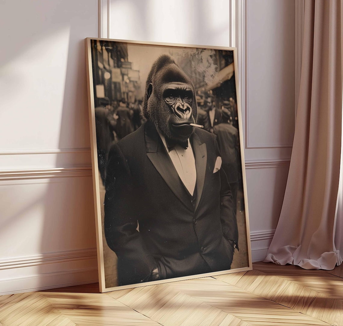 Smoking Gorilla Print, Dapper Ape Wall Art, Anthropomorphic Gorilla ...