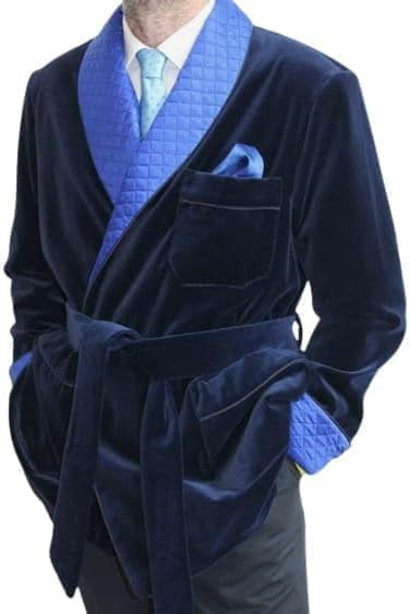 Smoking Jacket, Men Double Breasted Blue Luxurous Velvet Cigar Robe for ...