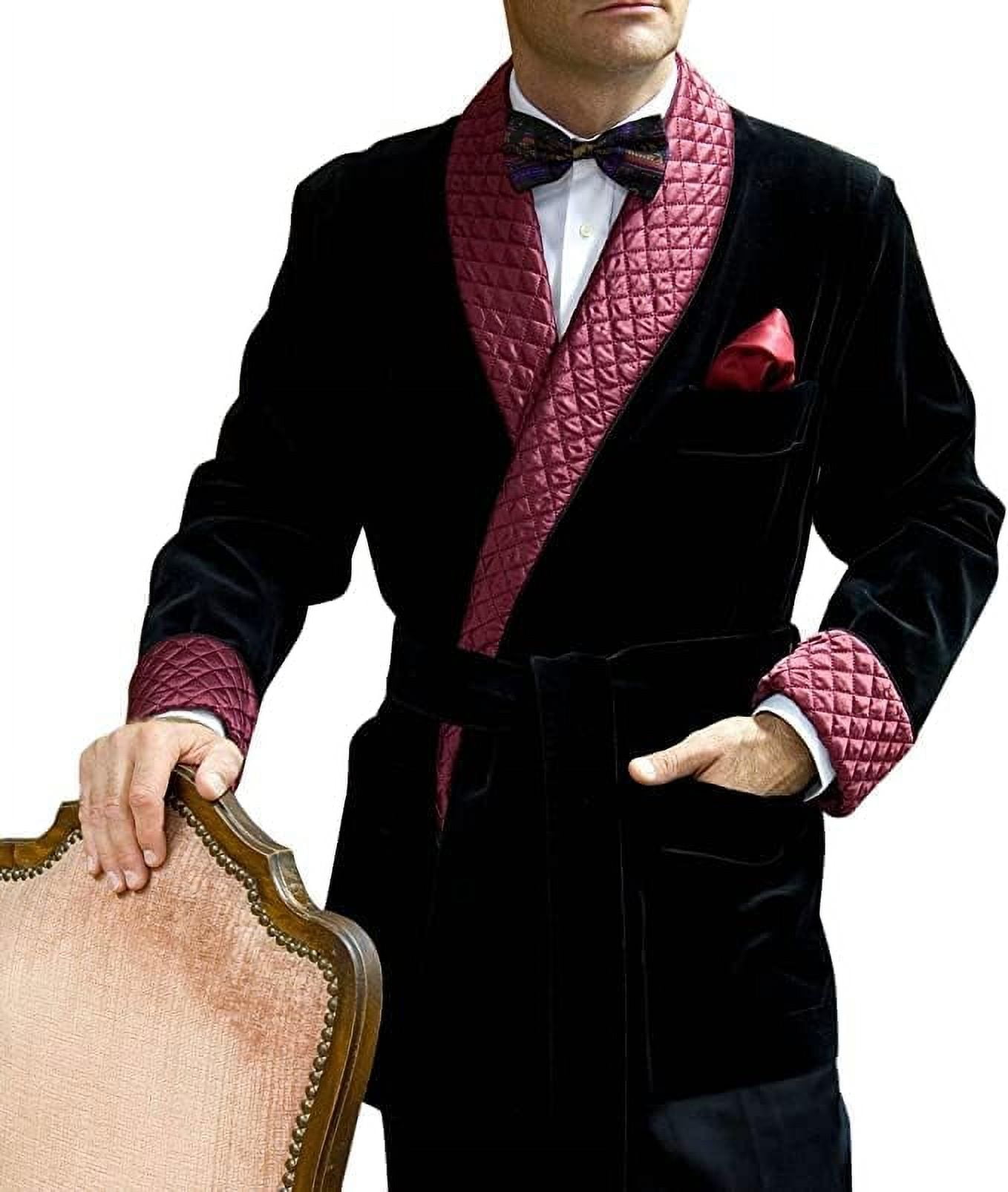 Men’s Black Velvet Smoking Jacket – Wine Red Quilted Satin Collar ...