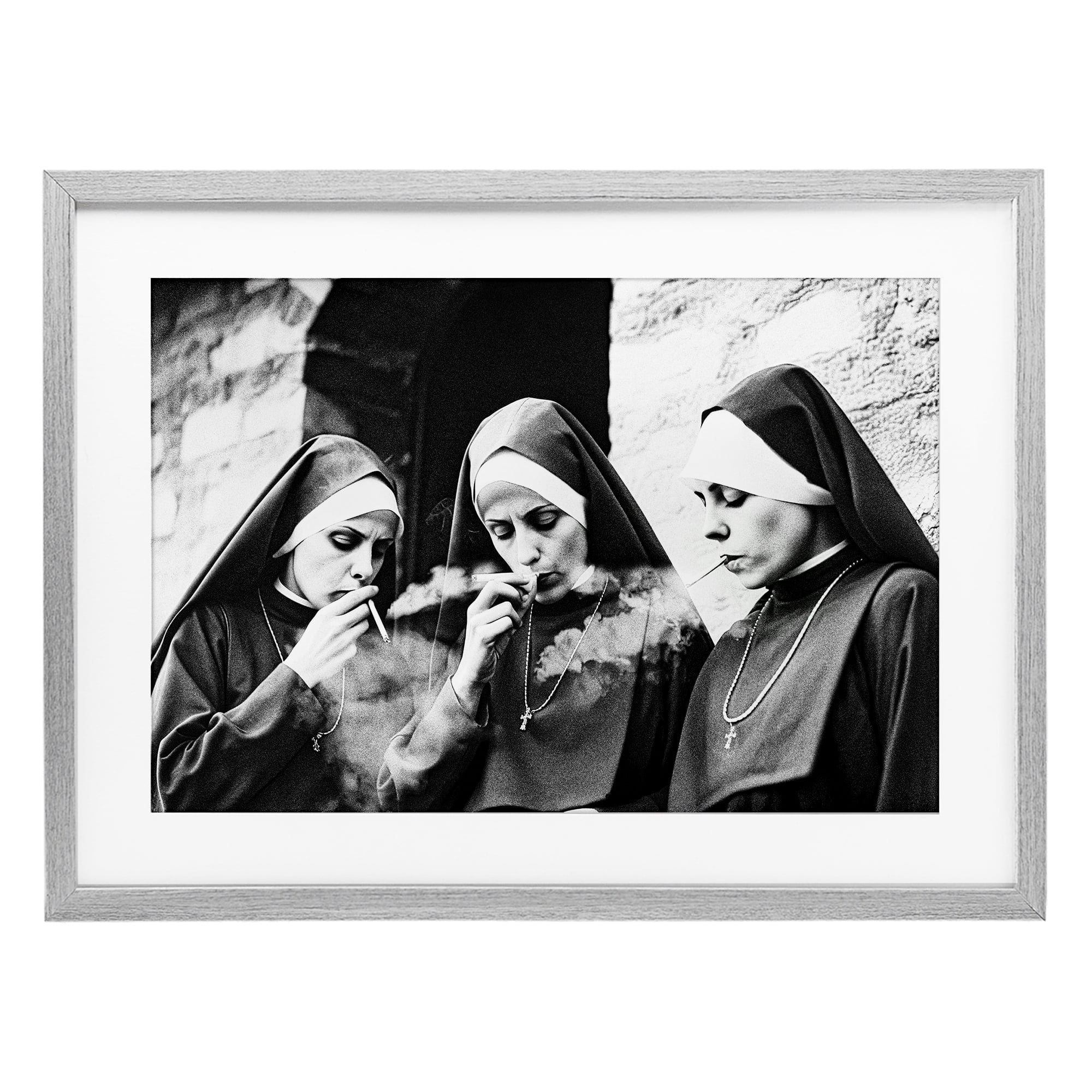 Smoking Nuns Rebellion Gray Framed Print Under Glass, design by Decent ...