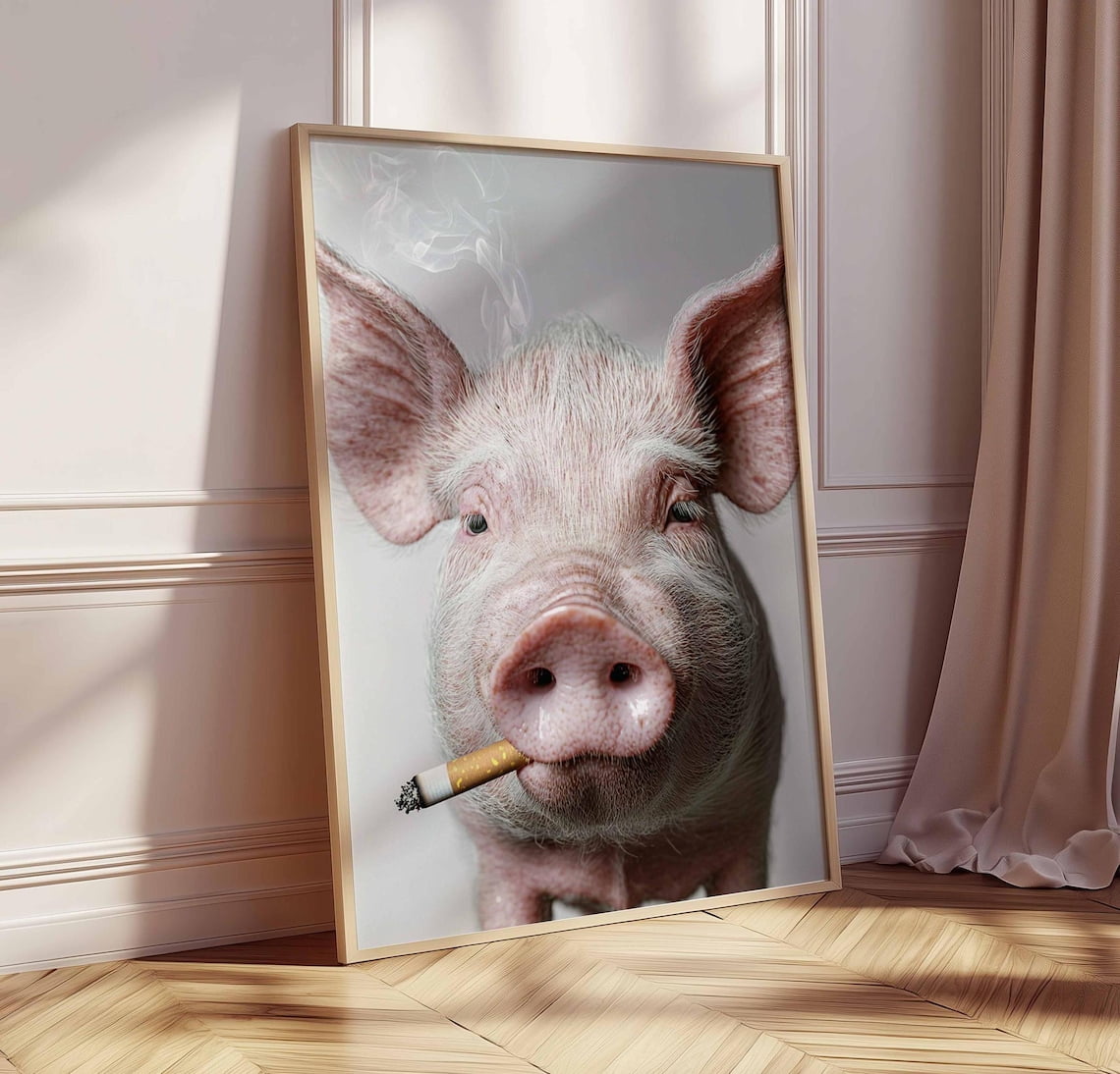 Smoking Pig Print, Funny Animal Wall Art, Black And White Pig Poster ...