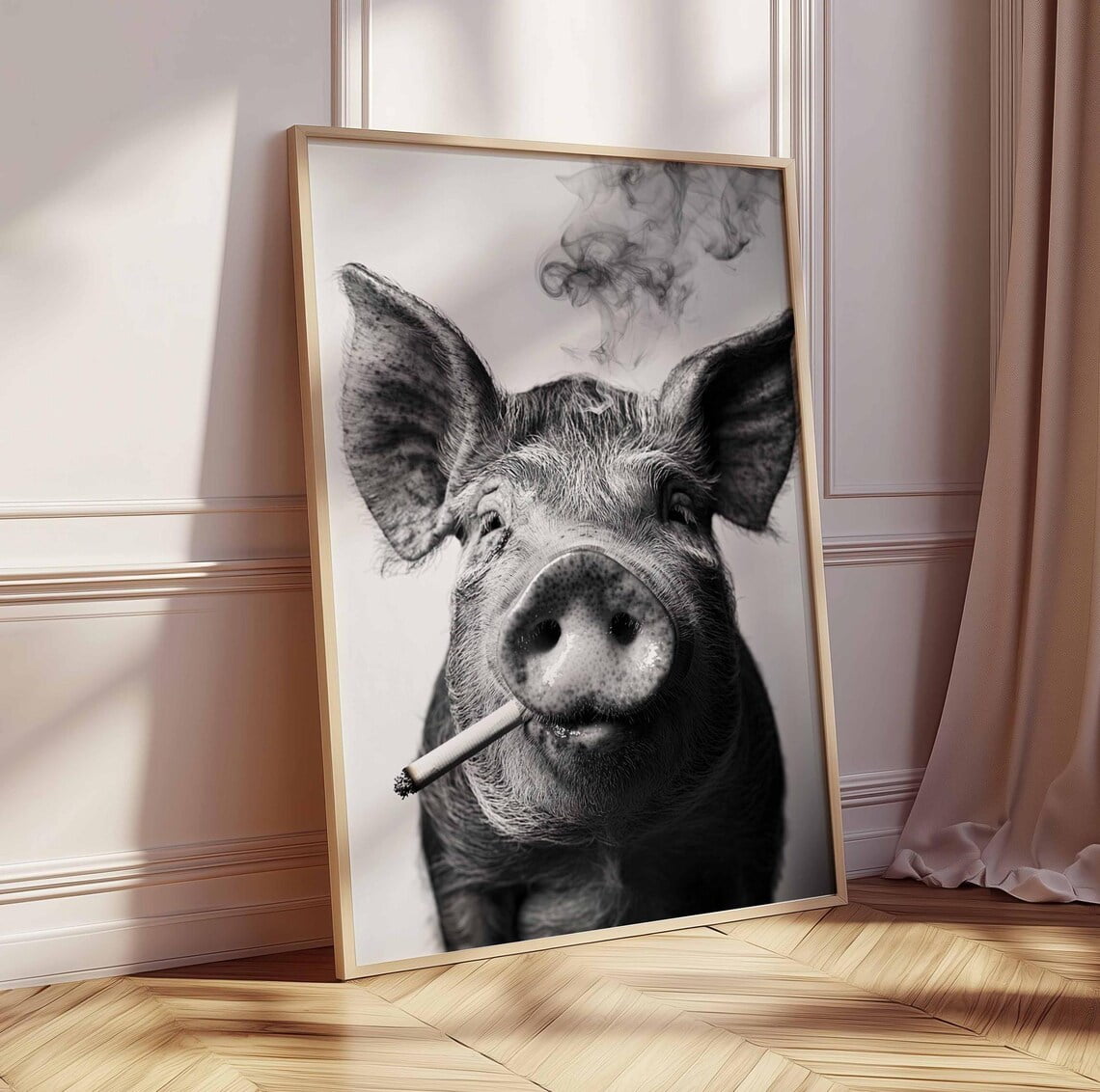 Smoking Pig Print, Funny Animal Wall Art, Black And White Pig Poster ...