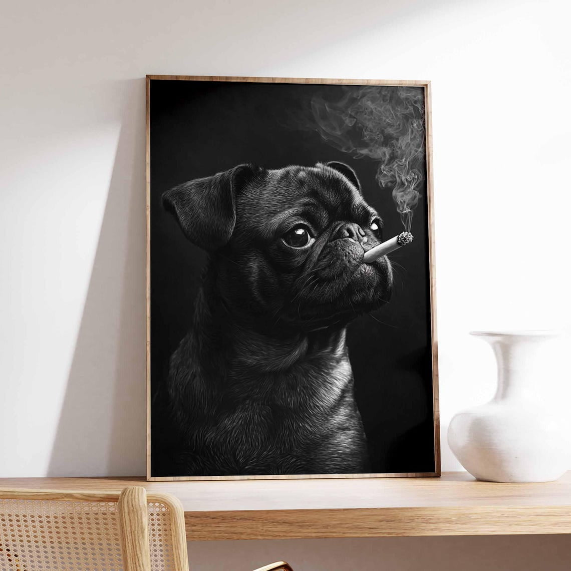 Smoking Pug Print, Funny Dog Wall Art, Black And White Pug Poster ...