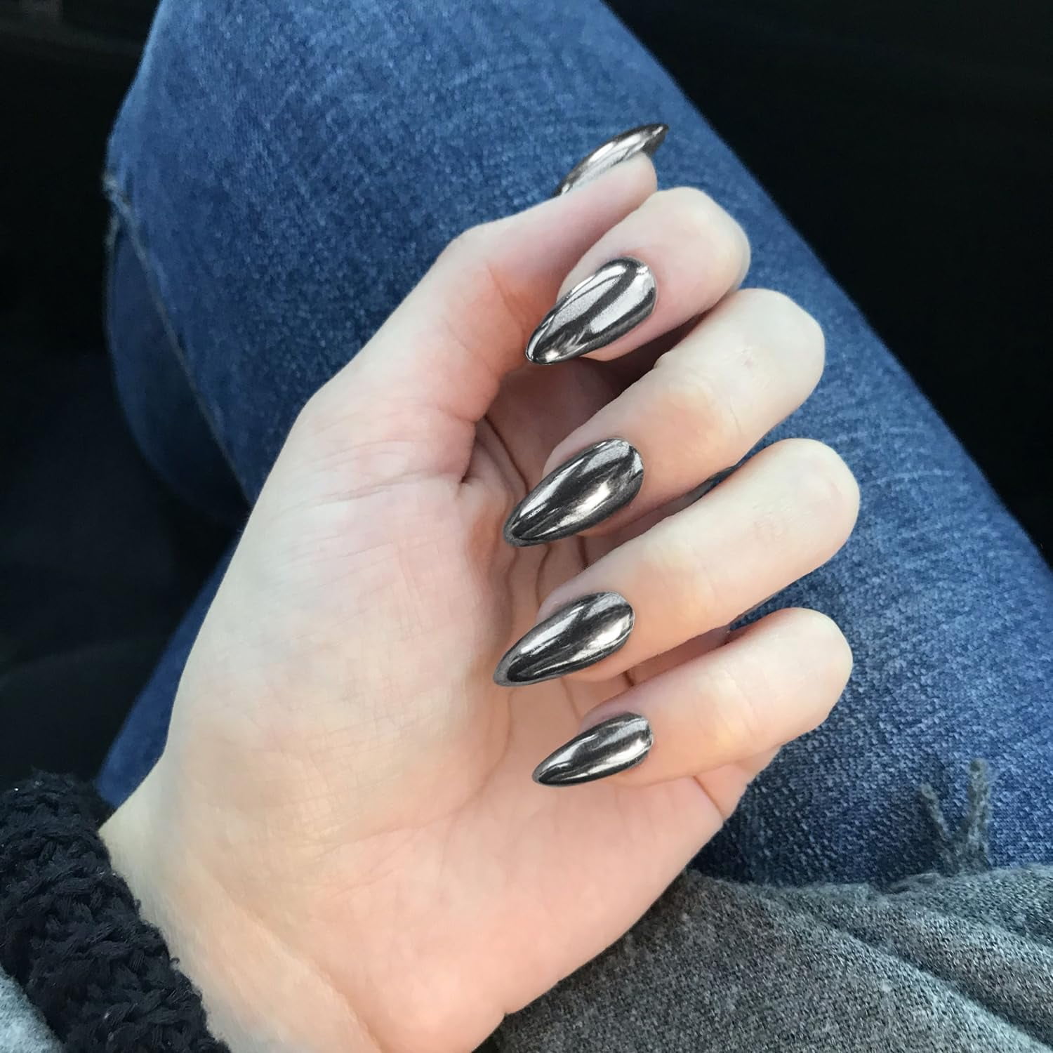 Smoky Grey Chrome Press on Nails Medium Almond, Gold Nails Chrome Fake ...