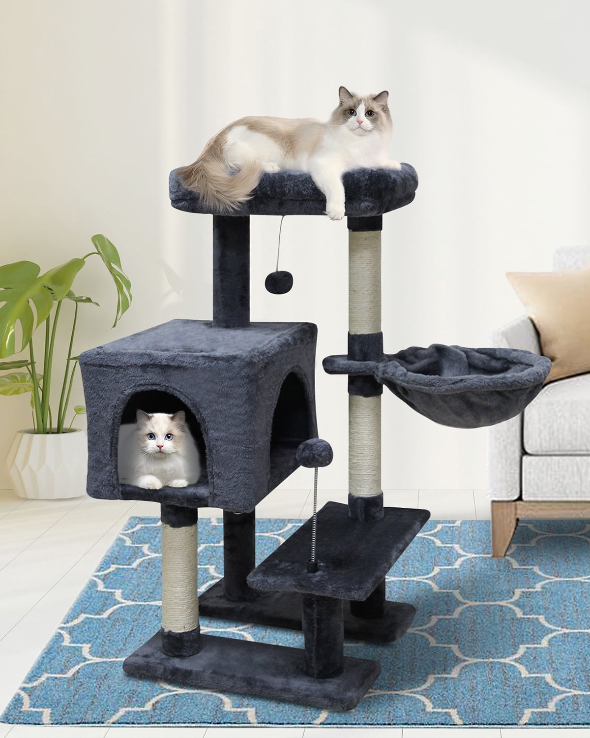 Smoky Grey Cute Cat Tree Tower for Indoor Cats - Condo with Sisal ...