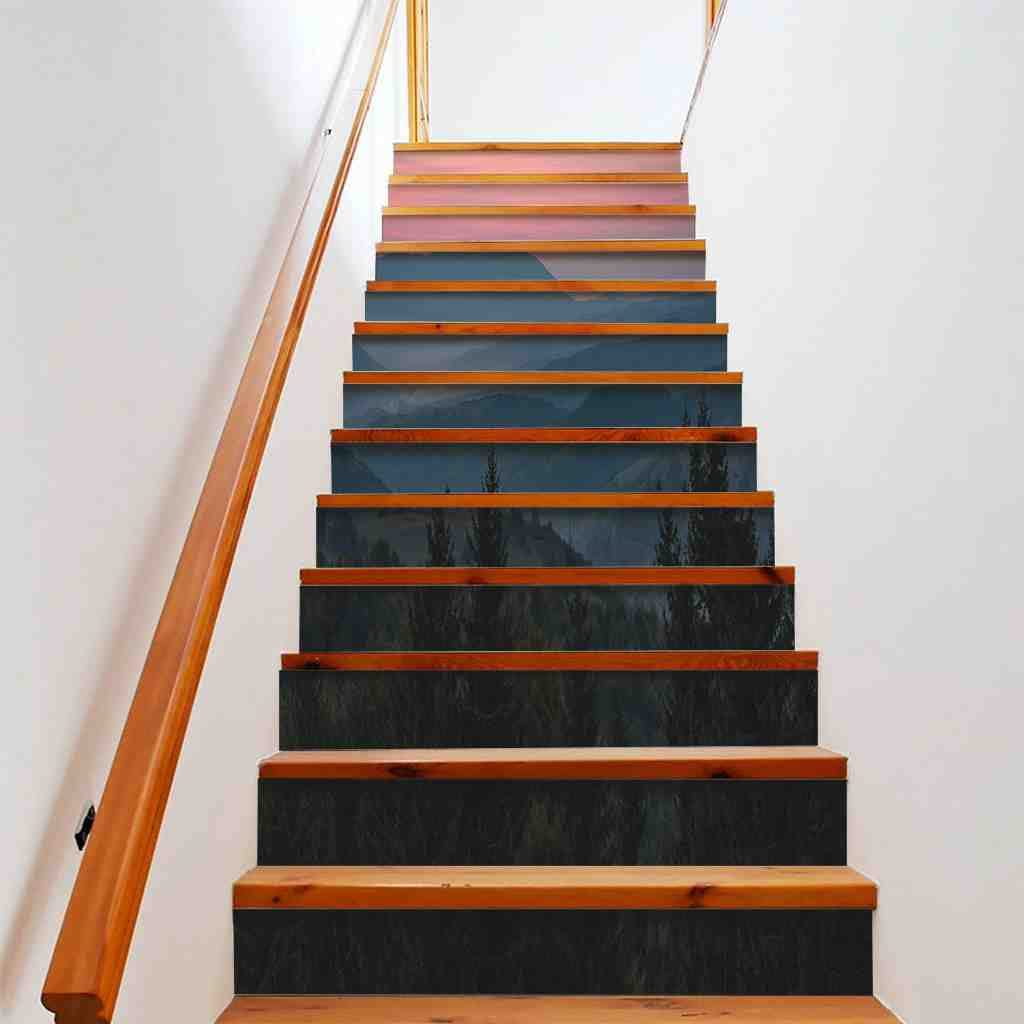 Smoky Mountain Forest Stair Stickers Self-adhesive Natural Scenery Staircase Riser Decals ...