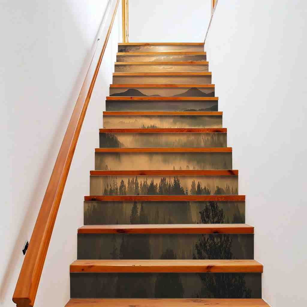 Smoky Mountain Forest Stair Stickers Self-adhesive Natural Scenery Staircase Riser Decals ...